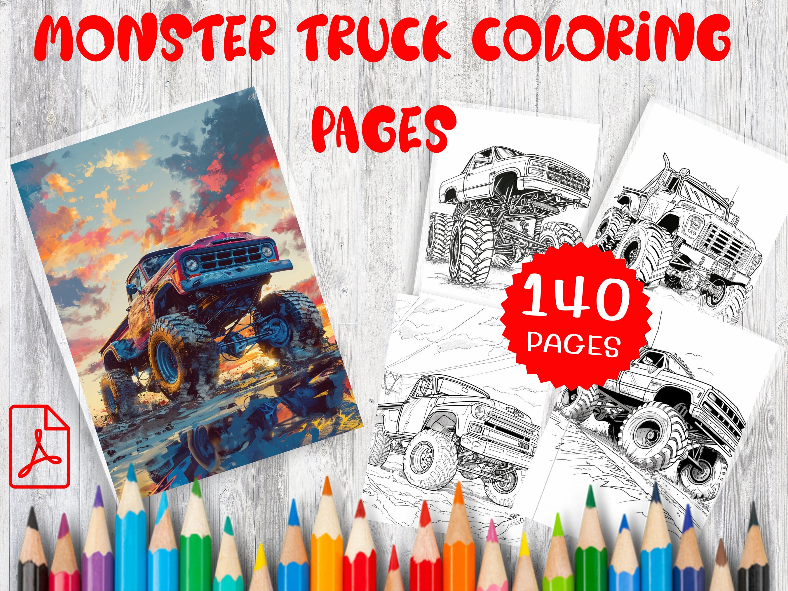 140 Monster Truck Coloring Pages for Kids and Adults - Digital Download ...