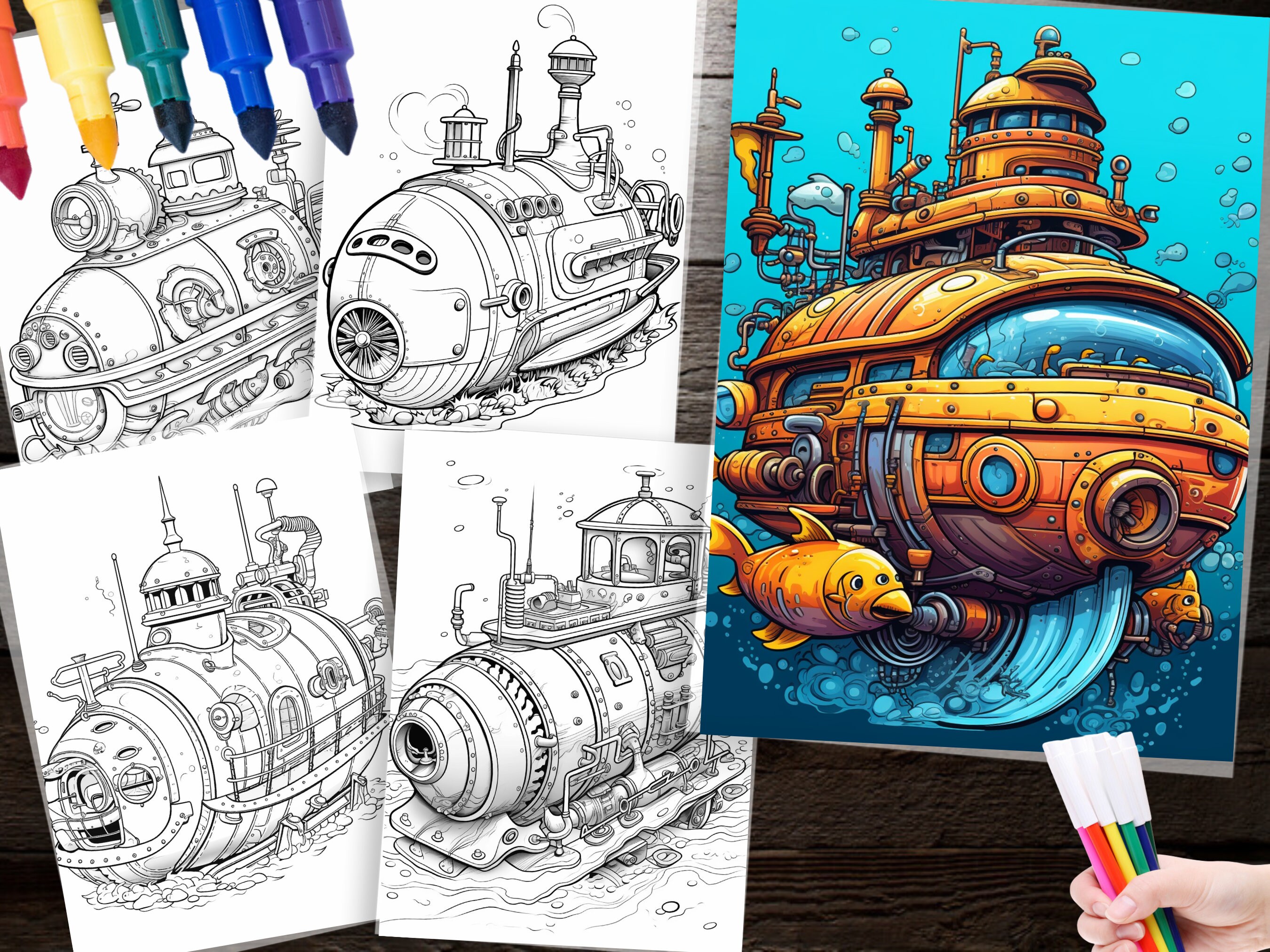 150 Steampunk Submarine Coloring Page - Underwater Adventure Printable ...