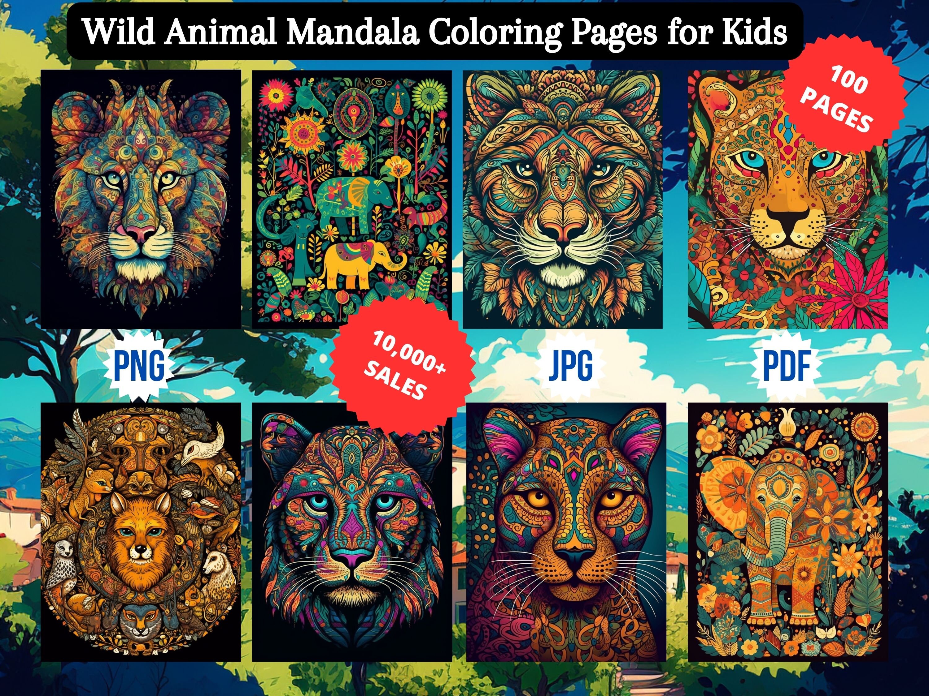 100 Animal Mandala Coloring Pages, Relaxation Art (PDF, JPG, PNG) - Etsy