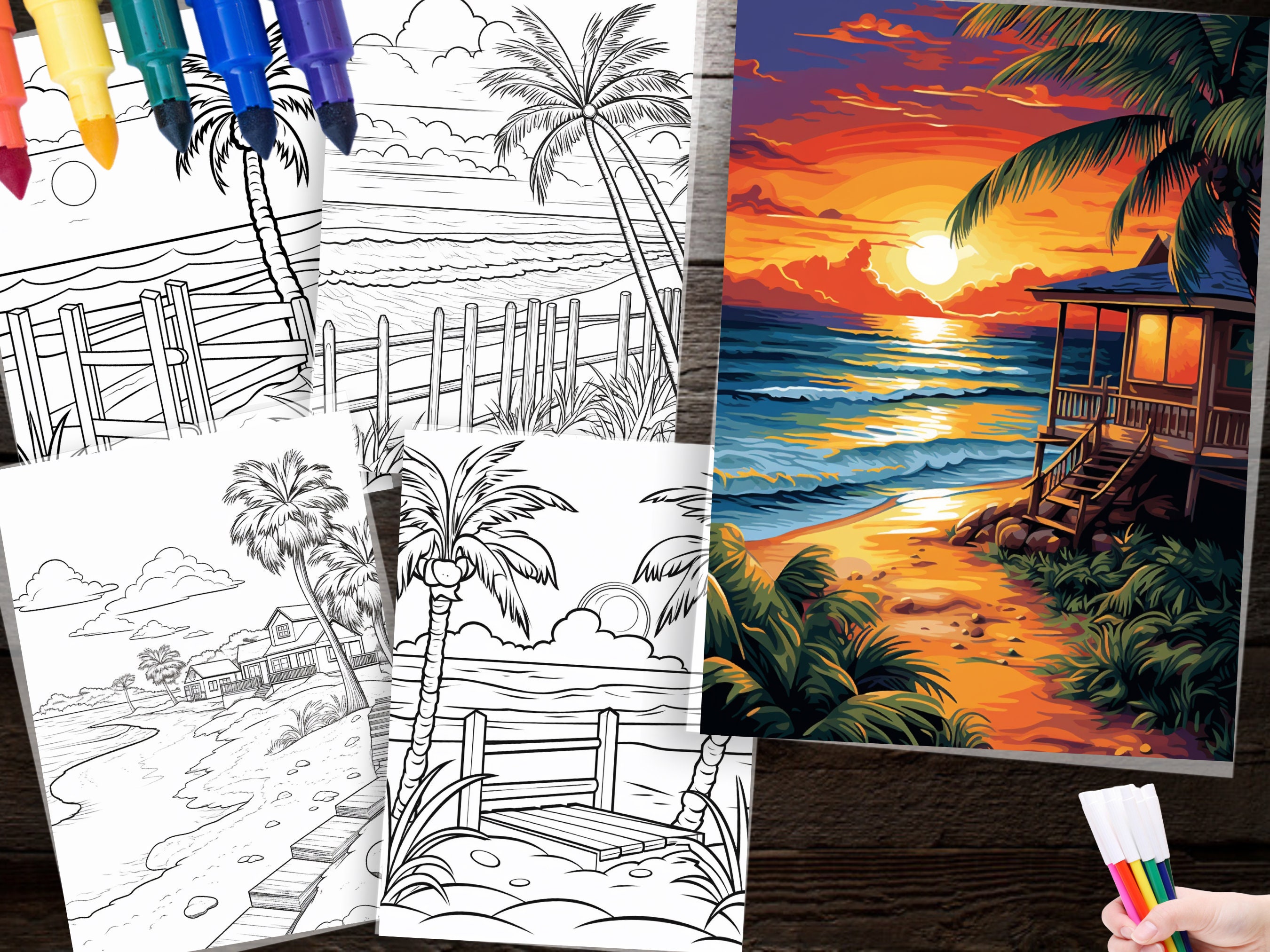 110 Relaxing Beach Coloring Pages for Mindful Art Therapy & Stress ...