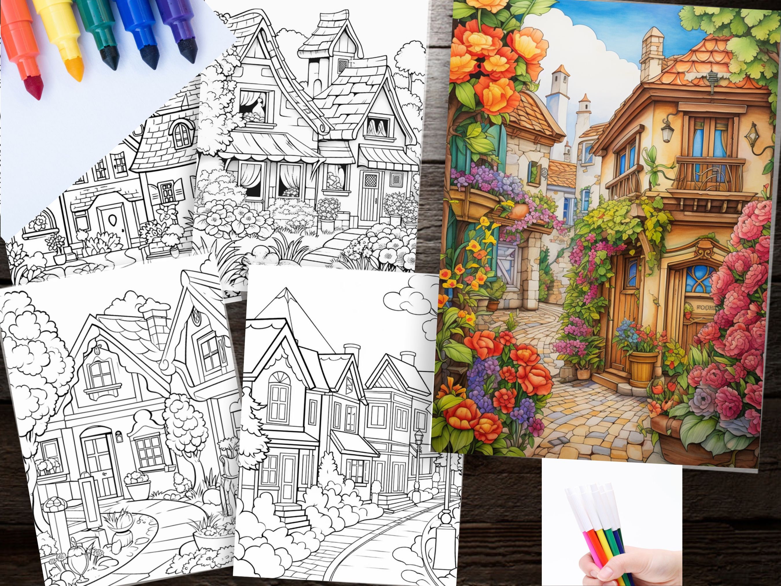 70 Cute Village Houses Coloring Pages for Adults and Kids, Grayscale ...