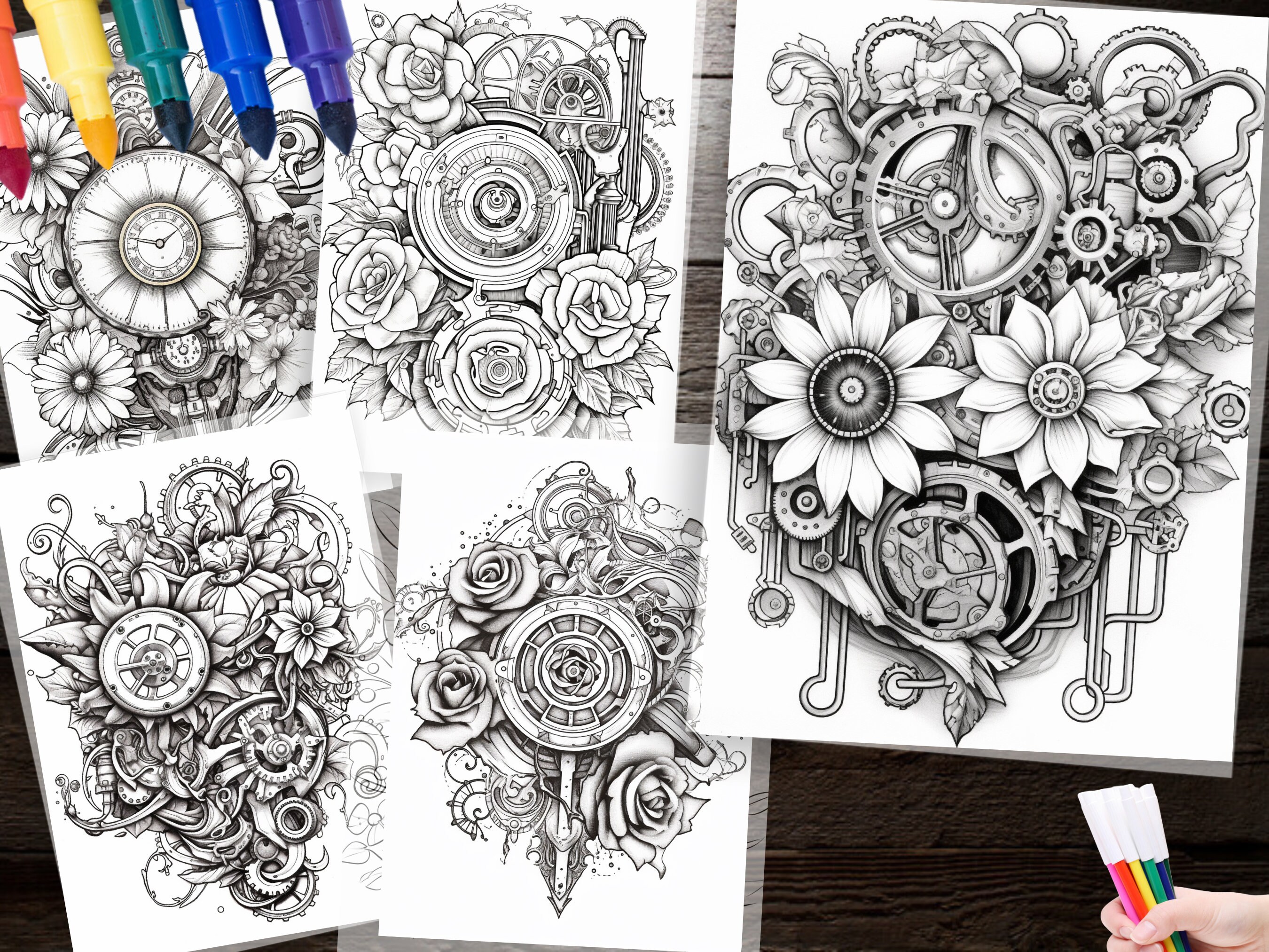 300 Steampunk Flower Coloring Pages Floral Designs for Relaxation and ...