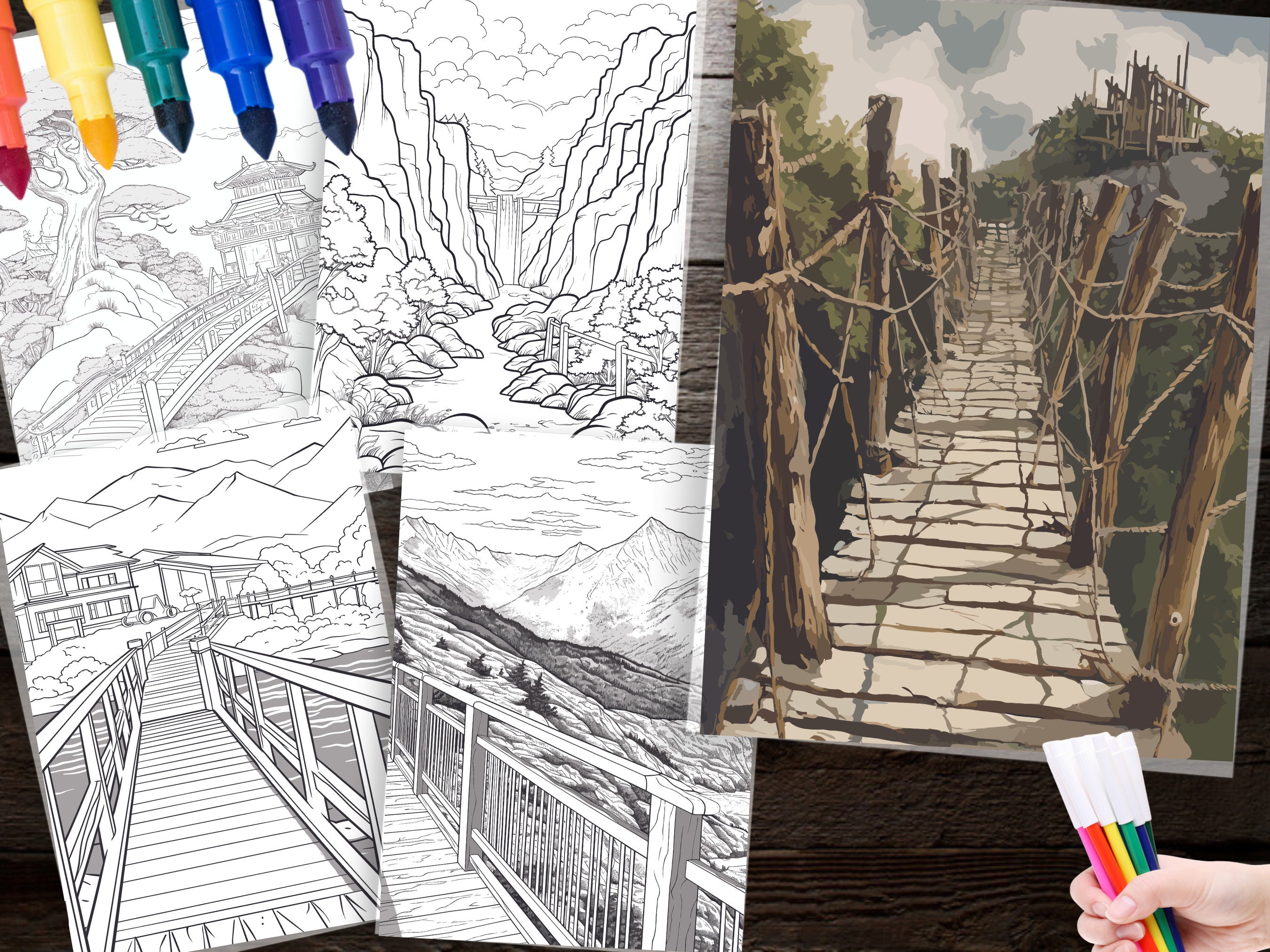 120 Calming Bridge Landscapes Coloring Pages Relaxing Scenes for ...