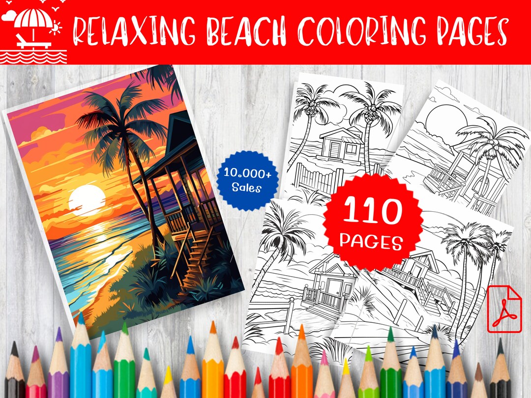 110 Relaxing Beach Coloring Pages for Mindful Art Therapy & Stress ...