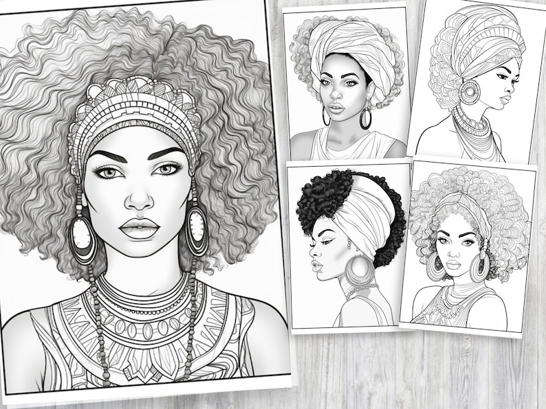 100 Fantasy African Black Girl Coloring Book, Printable PDF, Grayscale ...