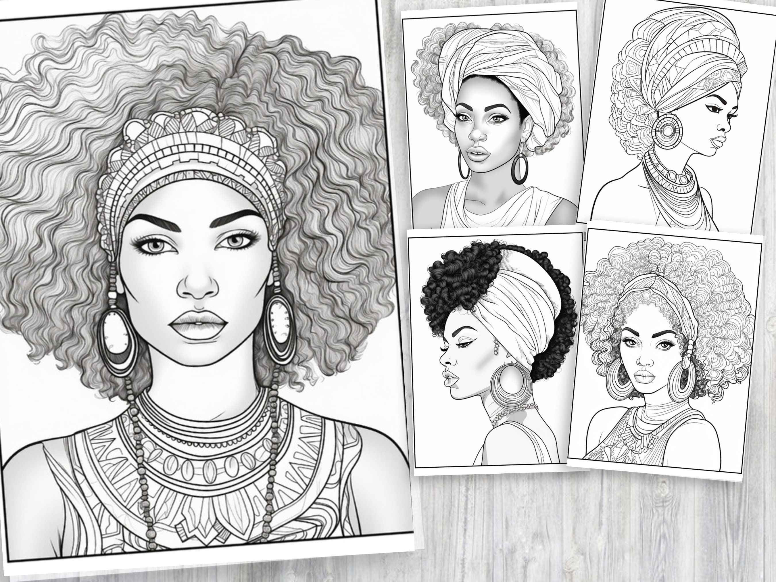 100 Fantasy African Black Girl Coloring Book, Printable PDF, Grayscale ...