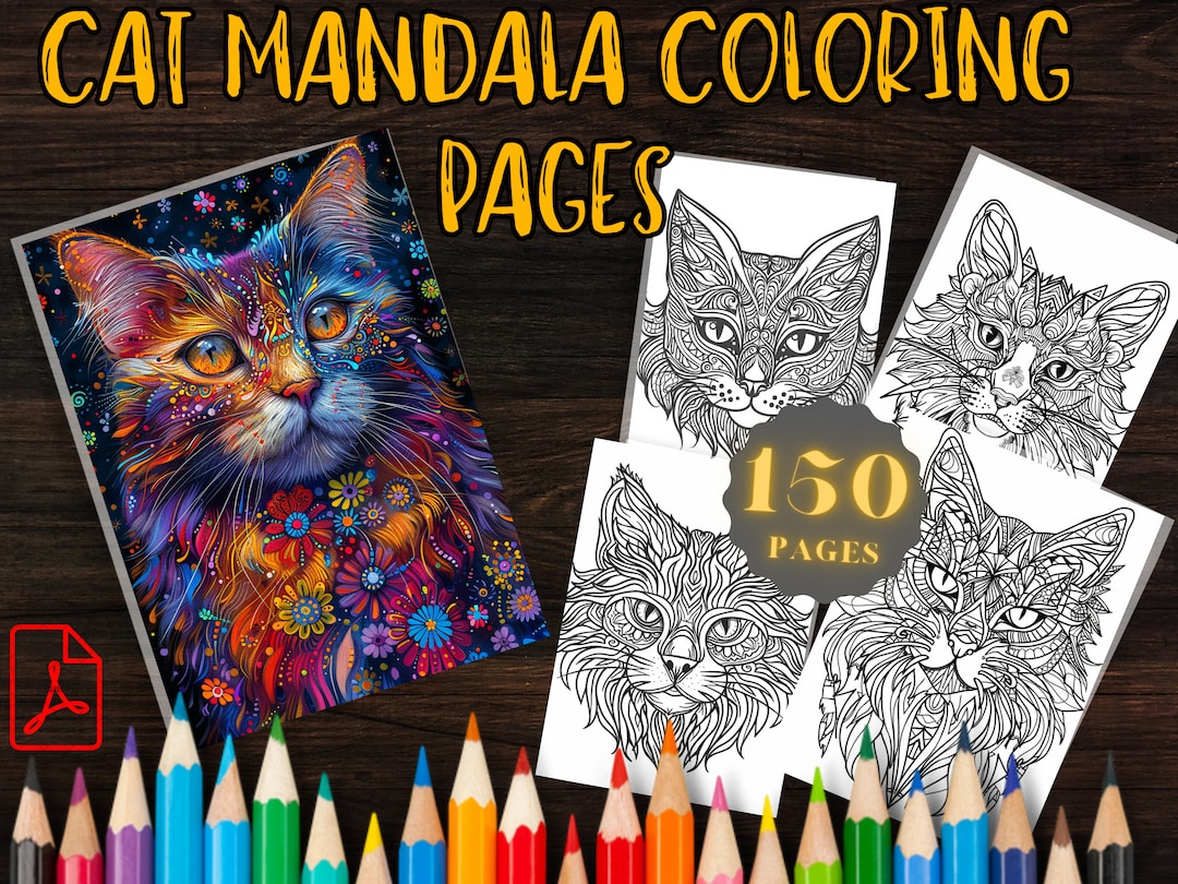 150 Cat Mandala Coloring Pages Designs for Relaxation & Creativity ...