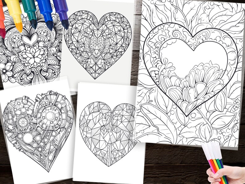110 Heart Coloring Pages - Printable Relaxation Designs (instant ...
