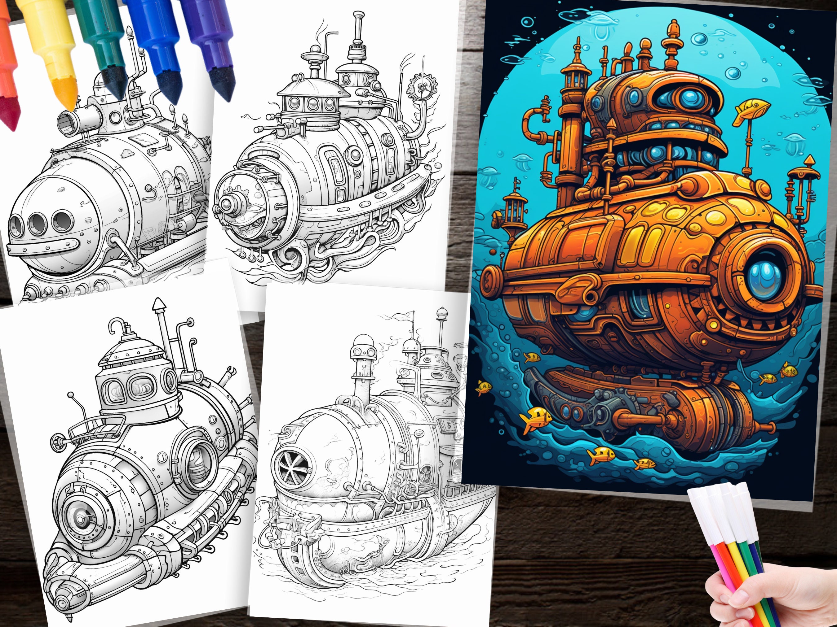 150 Steampunk Submarine Coloring Page - Underwater Adventure Printable ...