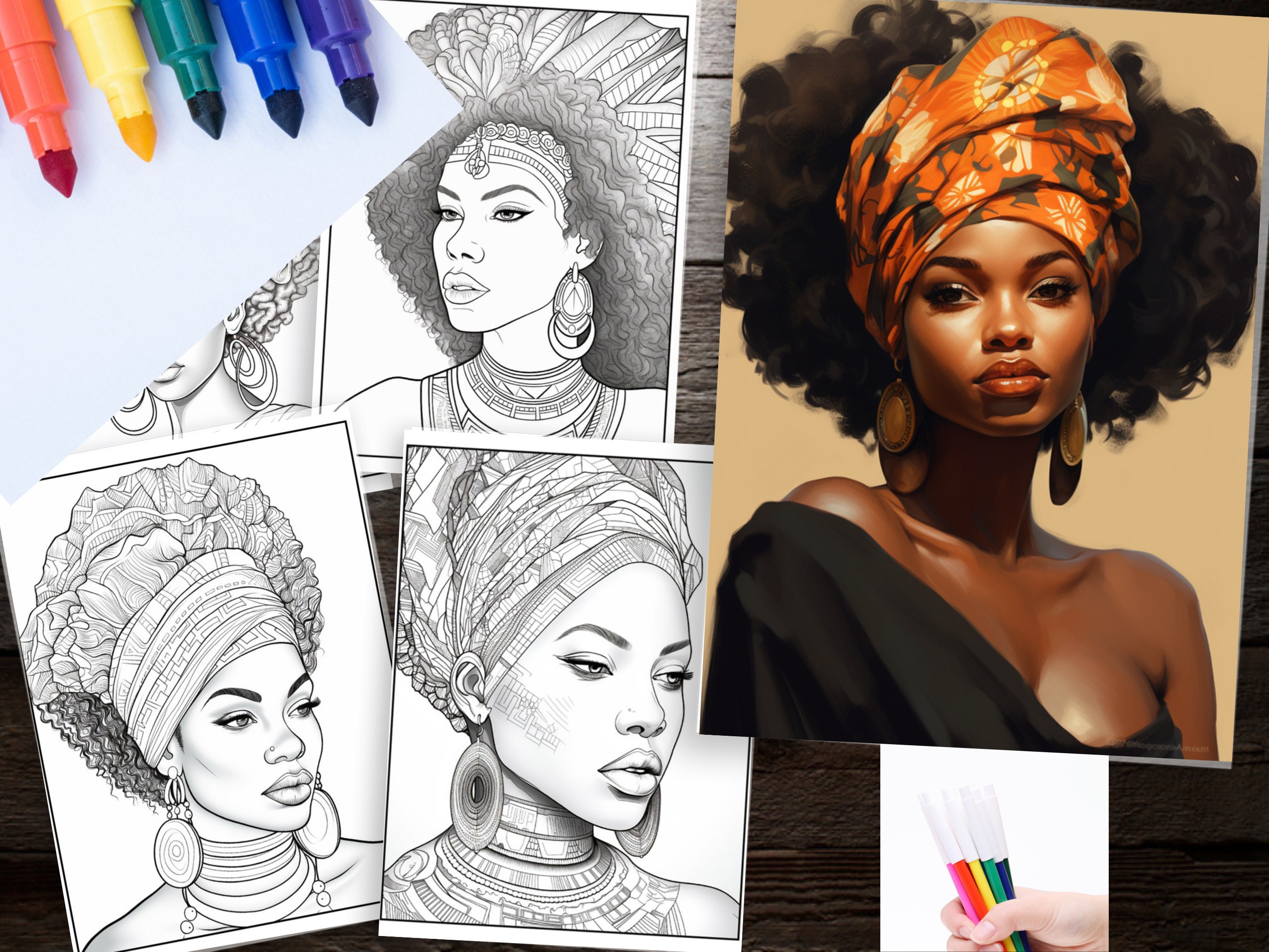100 Fantasy African Black Girl Coloring Book, Printable PDF, Grayscale ...