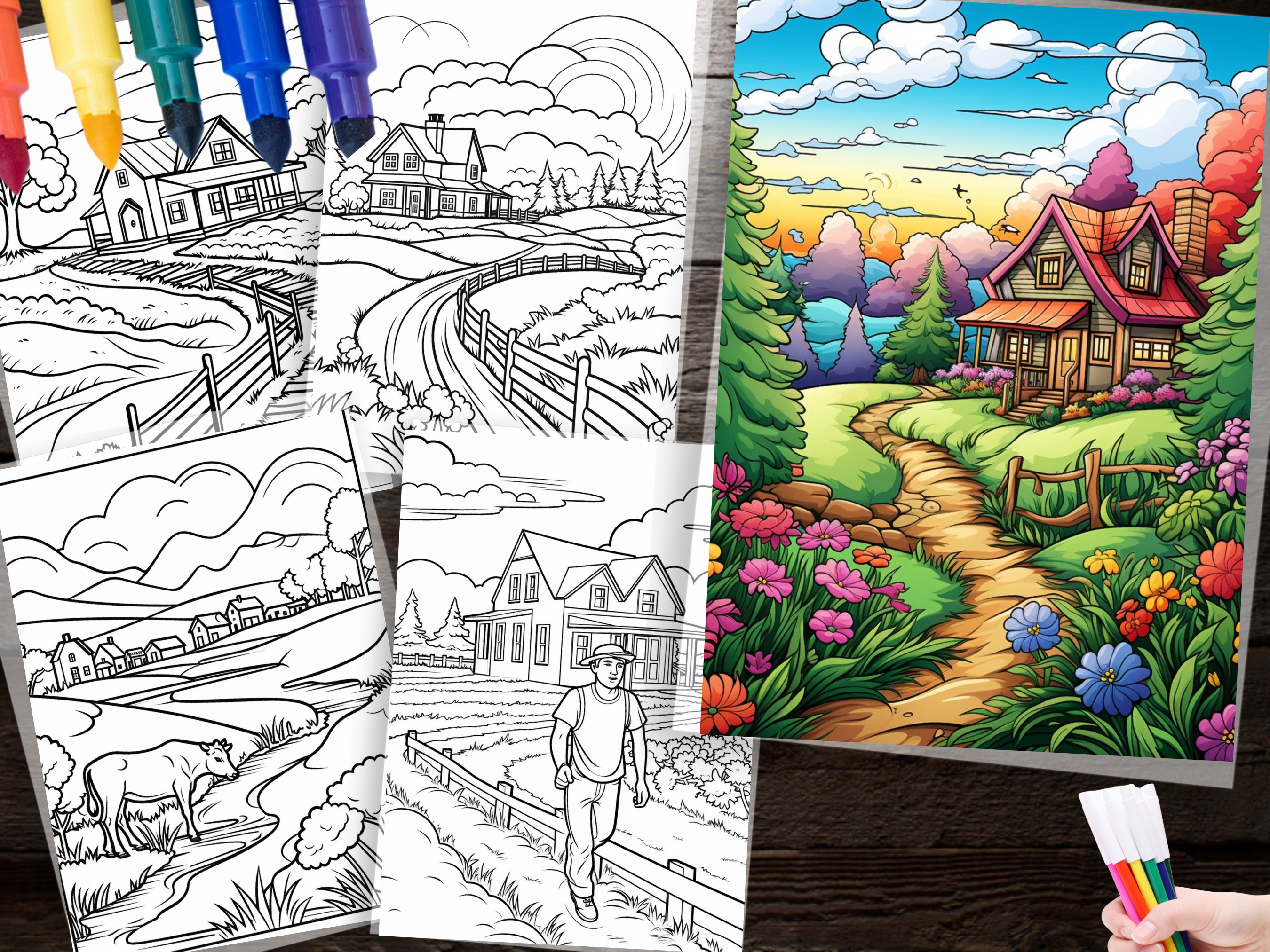 200 Countryside Scenes Coloring Pages Relaxing Rural Landscapes for ...