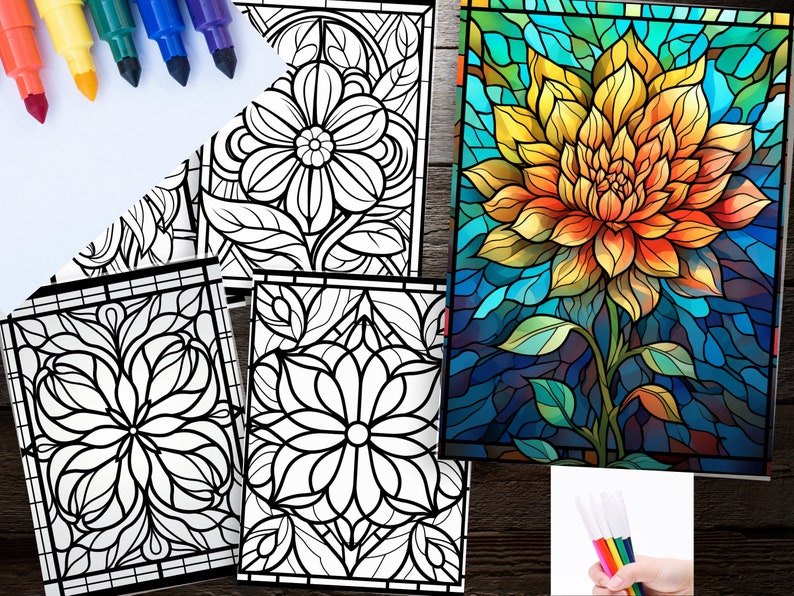 220 Stained Glass Flower Coloring Book for Kids, PDF Download, Instant ...