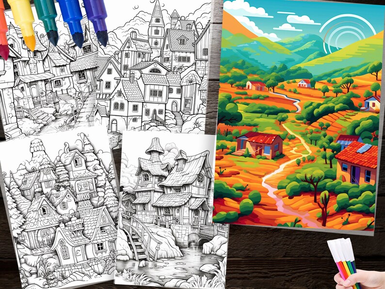 200 Charming Village Scene Coloring Page Printable Adult Coloring Sheet ...