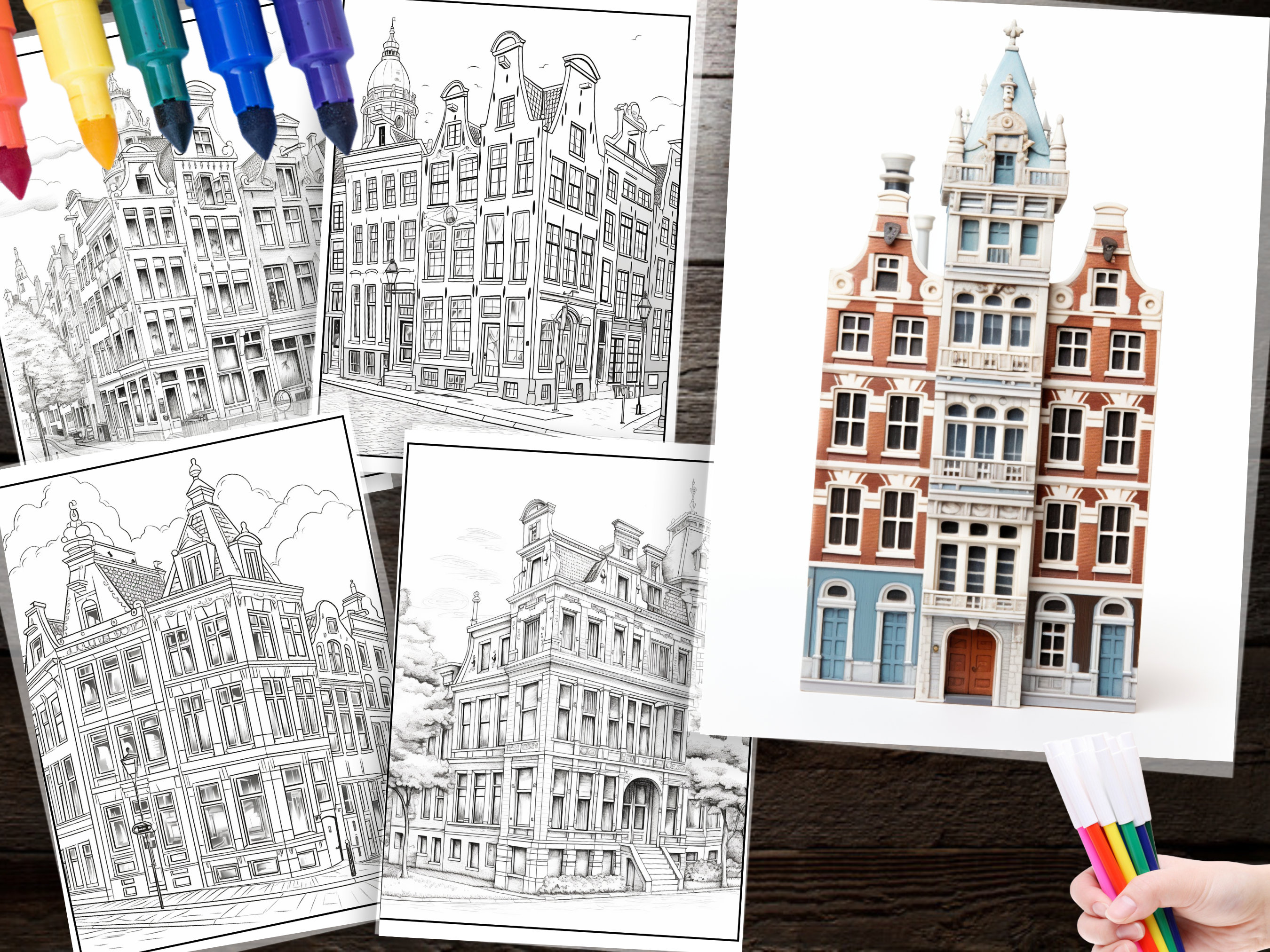 Amsterdam House Coloring Pages, Dutch Architecture Scenes (digital ...