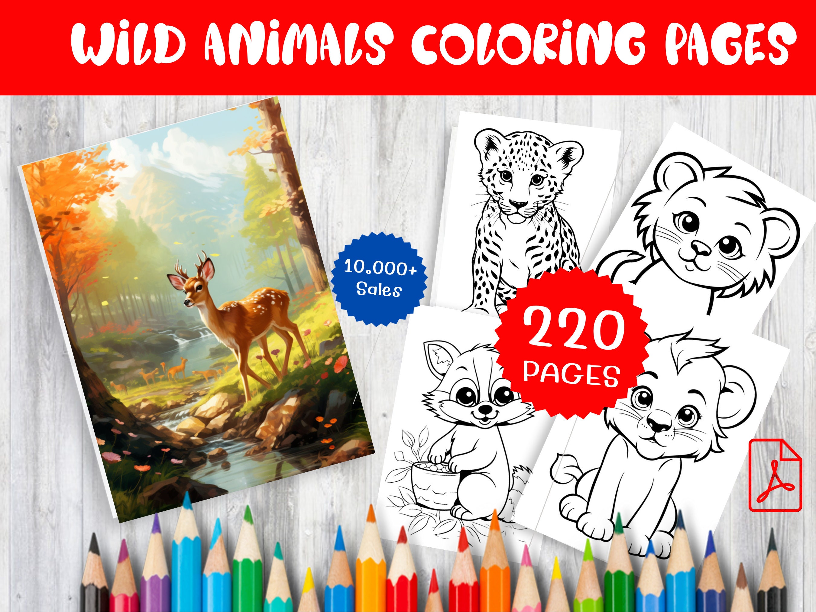 220 Wild Animals Coloring Pages for Kids Digital Download, PDF ...