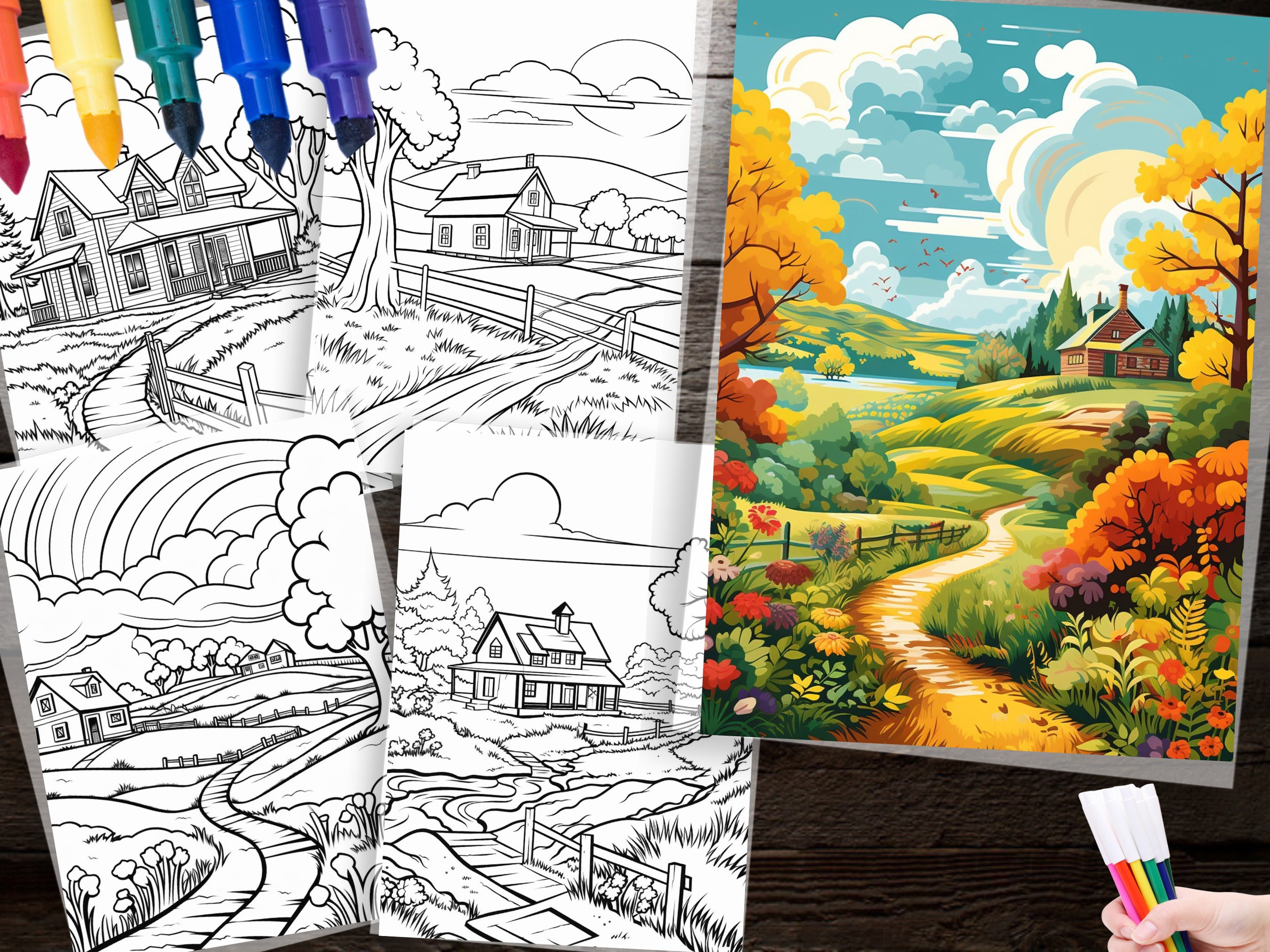 200 Countryside Scenes Coloring Pages Relaxing Rural Landscapes for ...