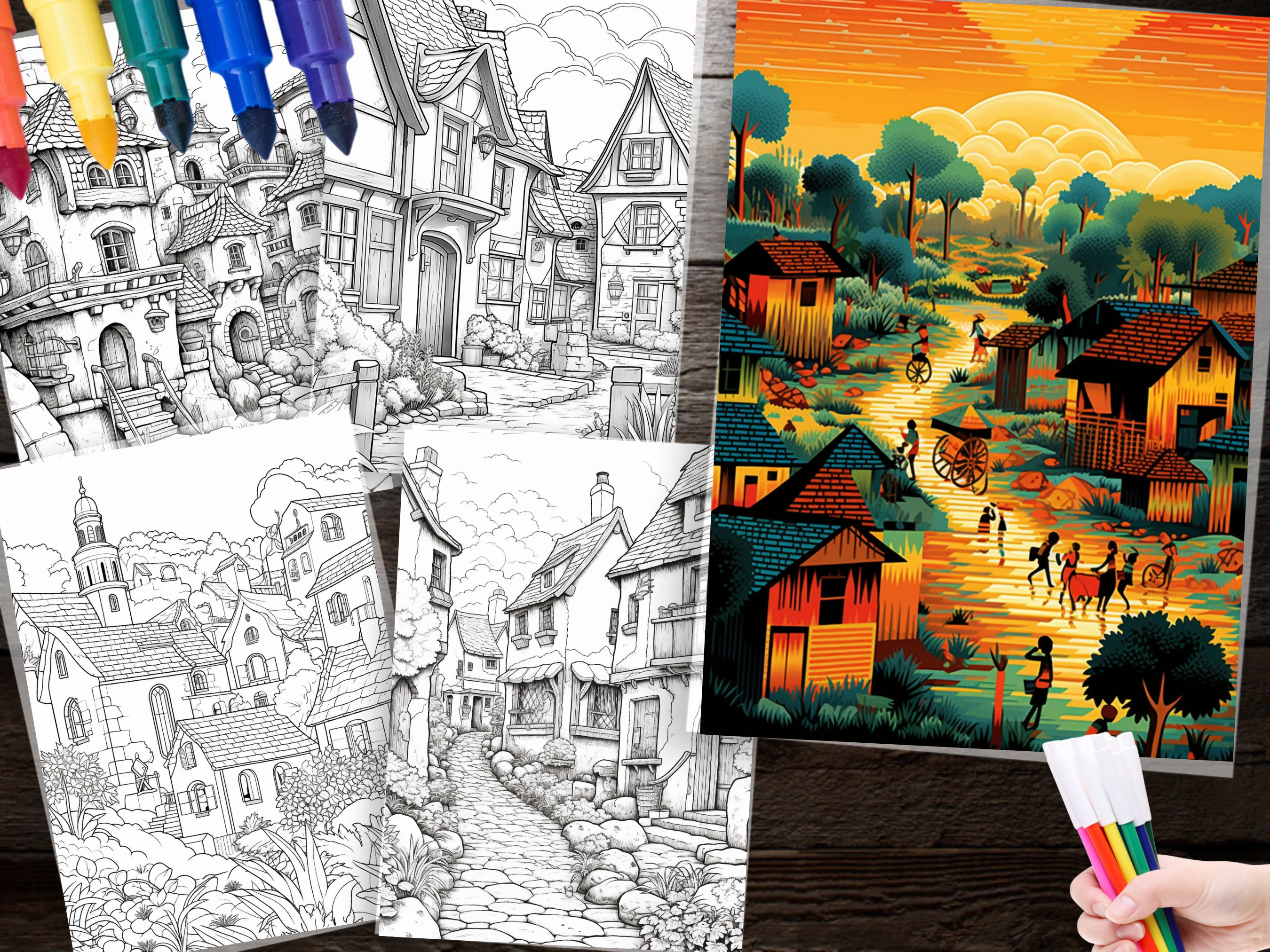 200 Charming Village Scene Coloring Page Printable Adult Coloring Sheet ...