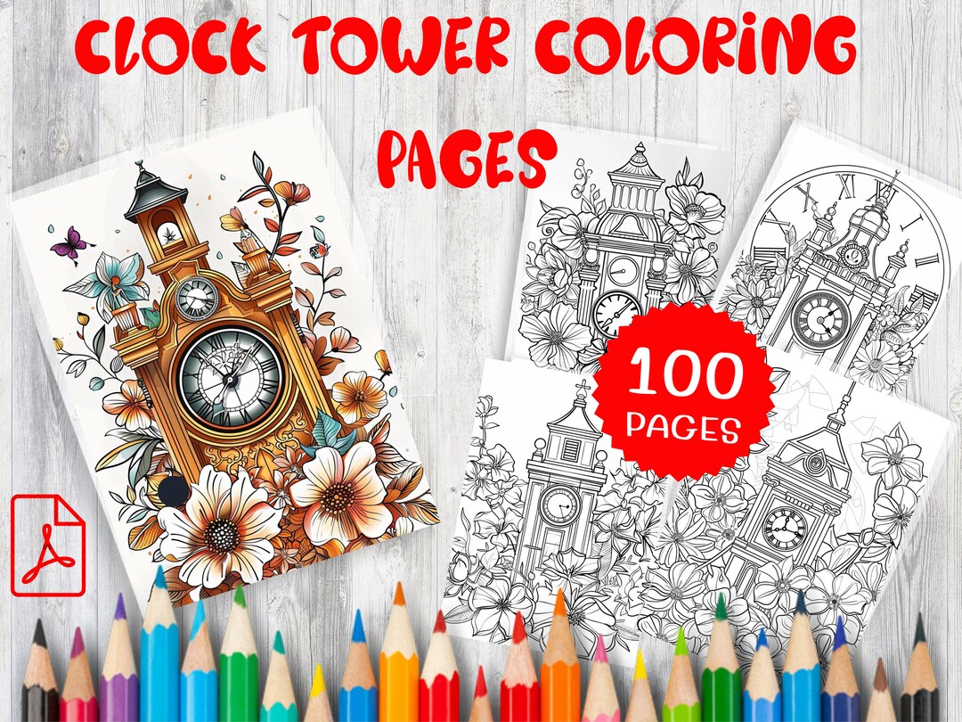 100 Floral Clock Tower Coloring Pages | Printable Architectural ...