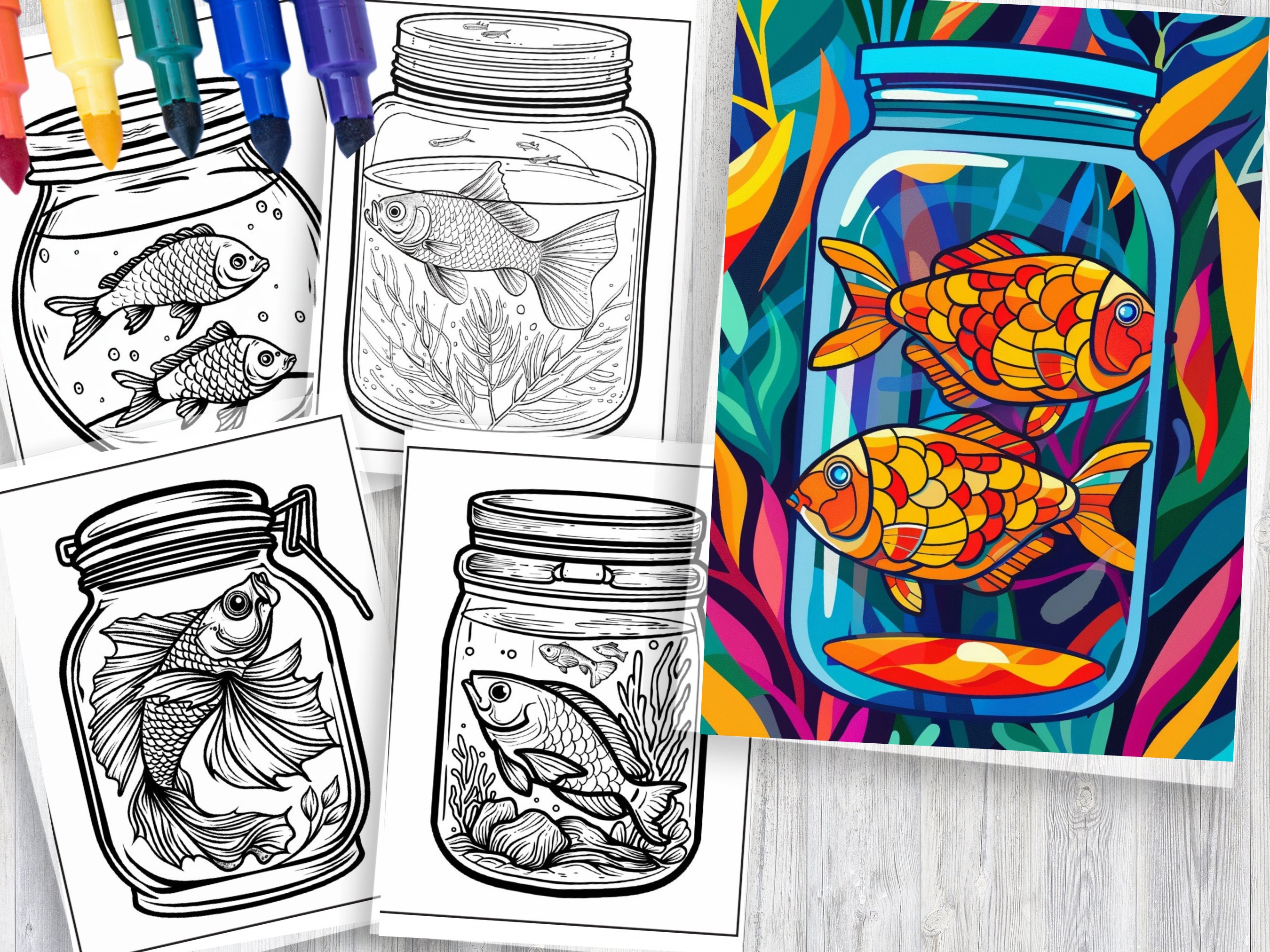 200 Fish in Jar Coloring Pages for Relaxation and Creativity, Printable ...