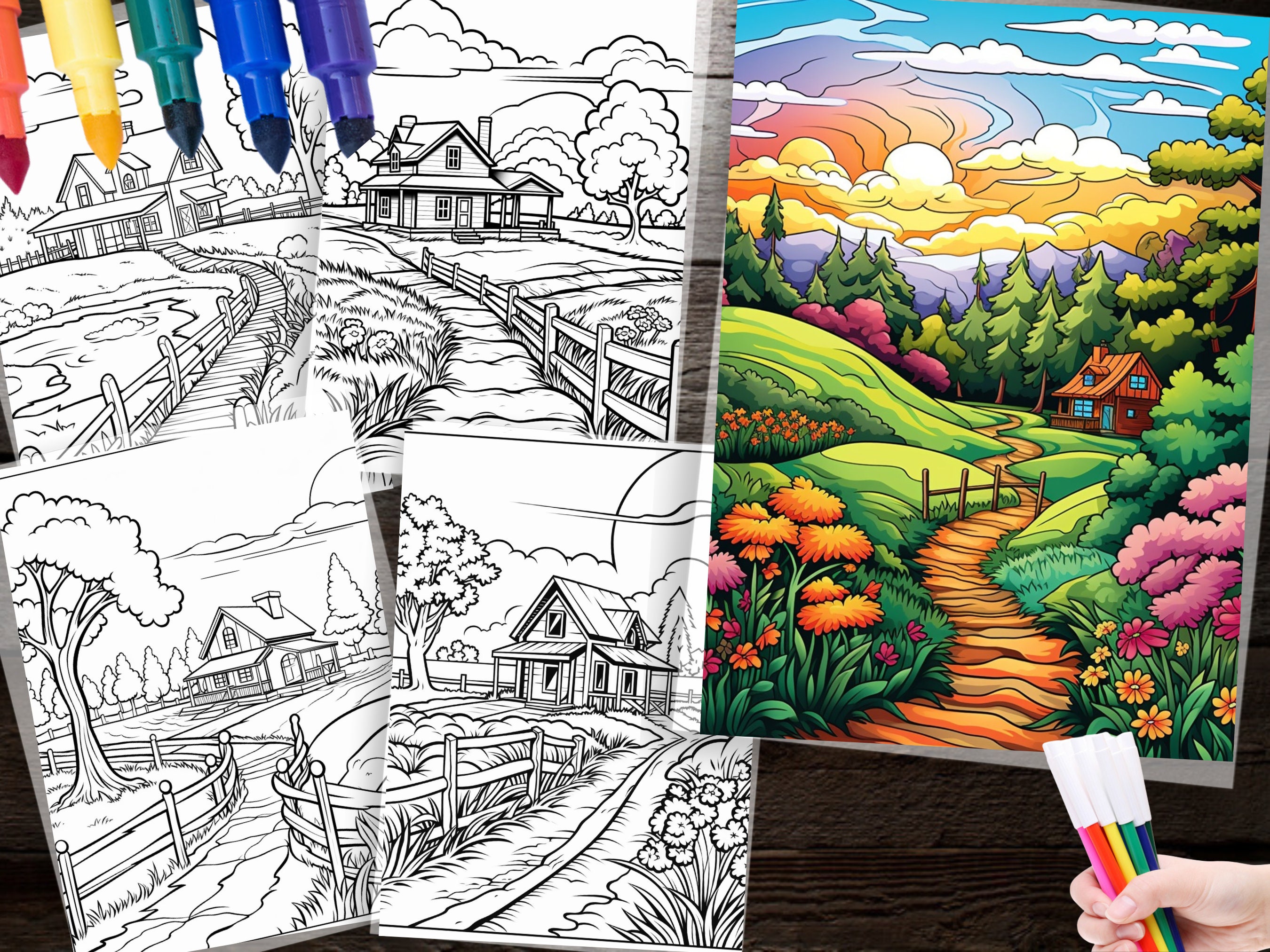 200 Countryside Scenes Coloring Pages Relaxing Rural Landscapes for ...