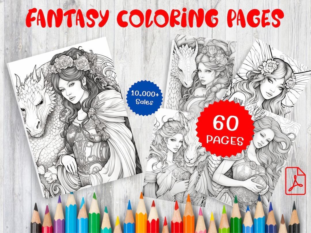 60 Fantasy Coloring Page Book for Adults and Kids, Digital Download PDF ...