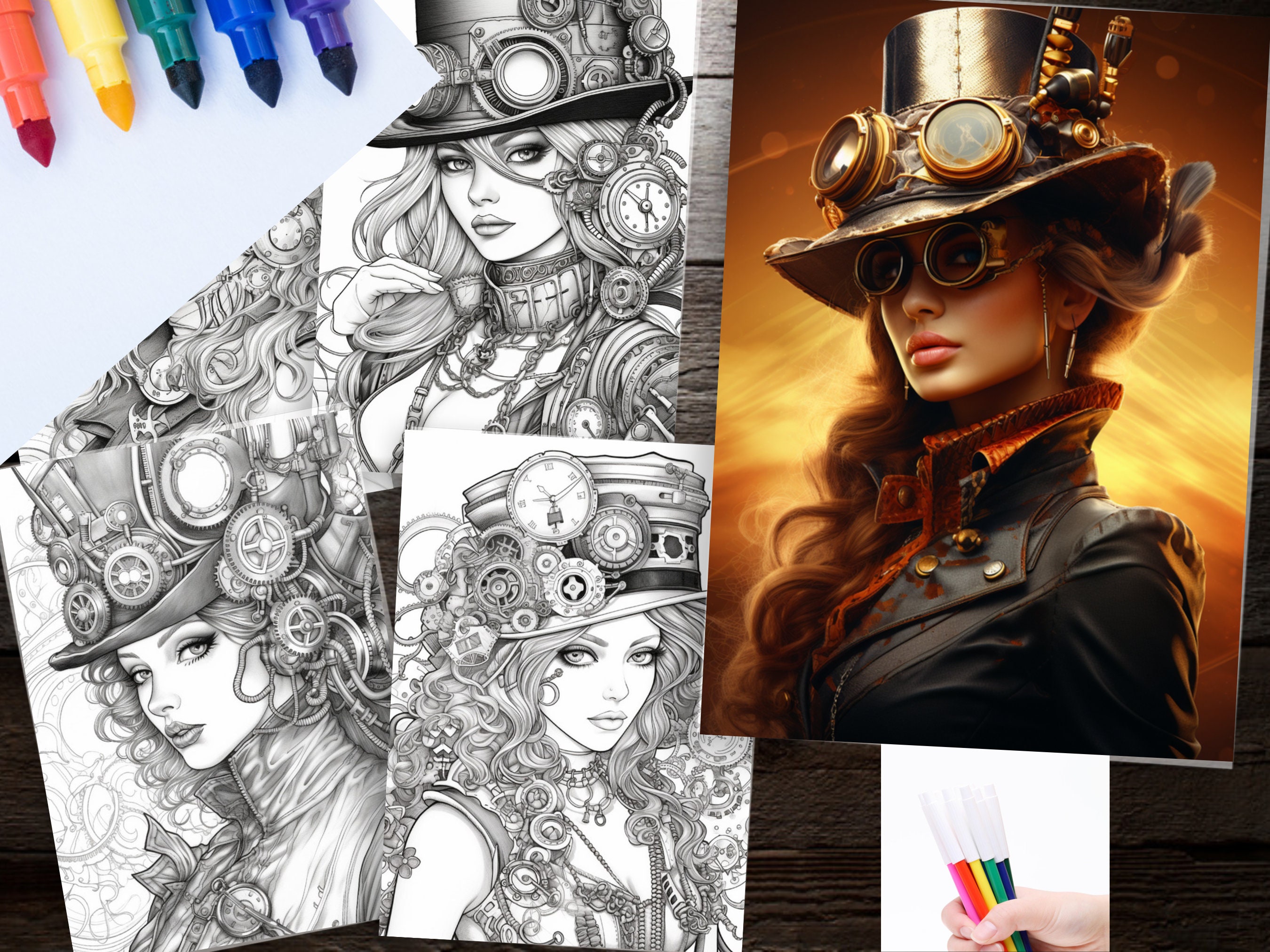 200 Steampunk Fashion Coloring Pages for Adults Instant Download ...