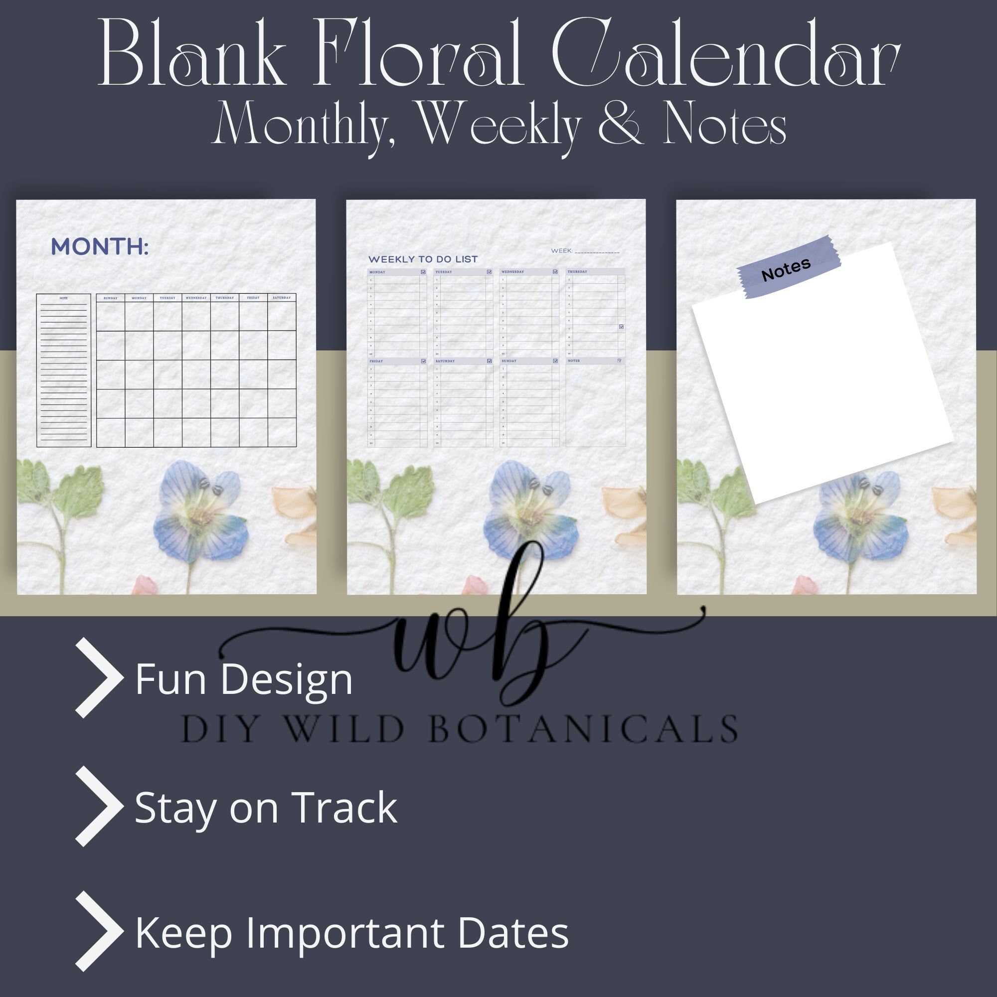 Blank Floral Calendar, Weekly Printable Pages, Printable Calendar Notes ...