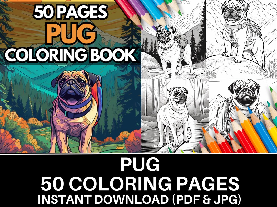 Pug Coloring Book 50 Pages Printable Dog Coloring Pages for Adults and ...