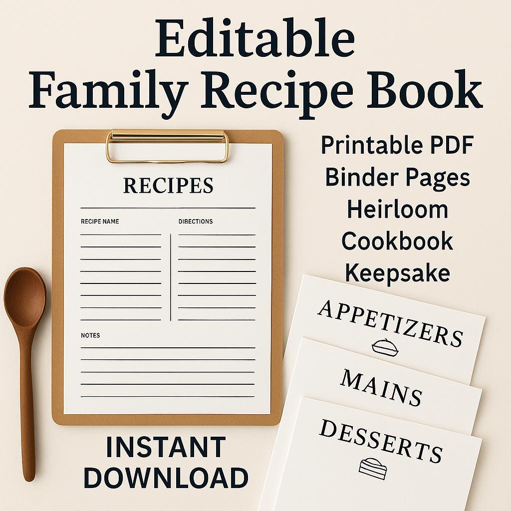 Editable Family Recipe Book Template | Printable PDF Binder Pages ...
