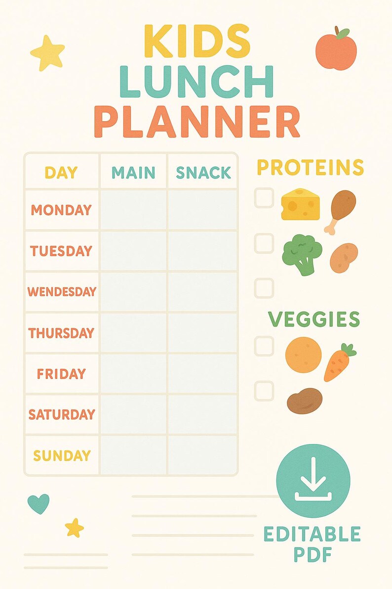 Kids Lunch Planner | Editable Printable Meal Chart With Cute Icons ...