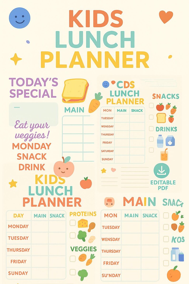 Kids Lunch Planner | Editable Printable Meal Chart With Cute Icons ...