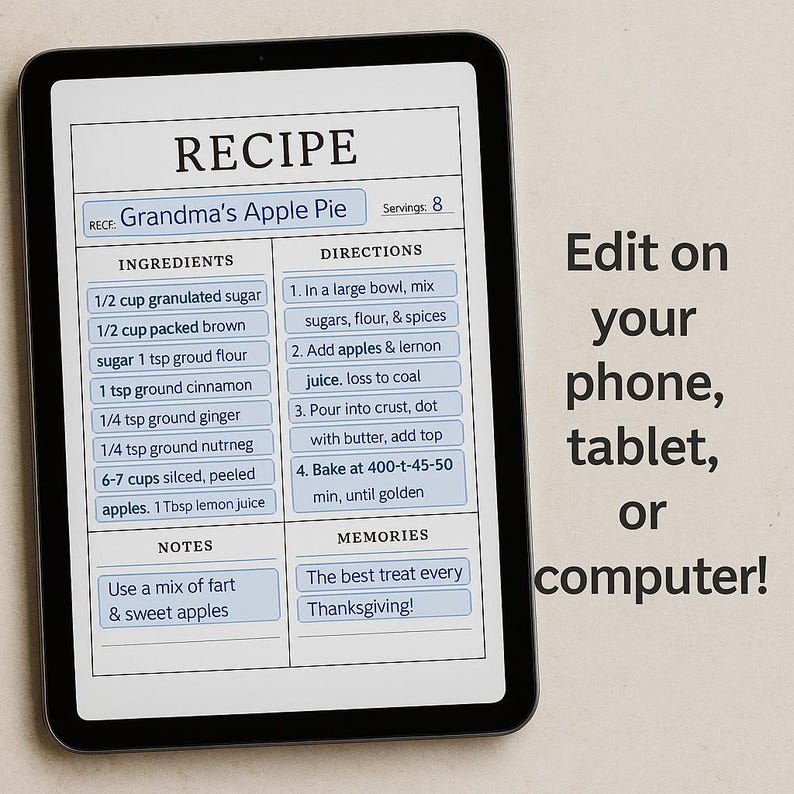 Editable Family Recipe Book Template | Printable PDF Binder Pages ...