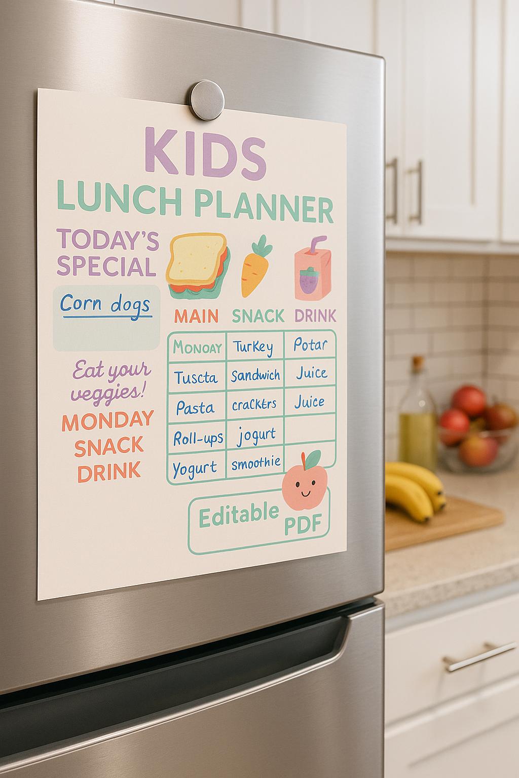 Kids Lunch Planner | Editable Printable Meal Chart With Cute Icons ...