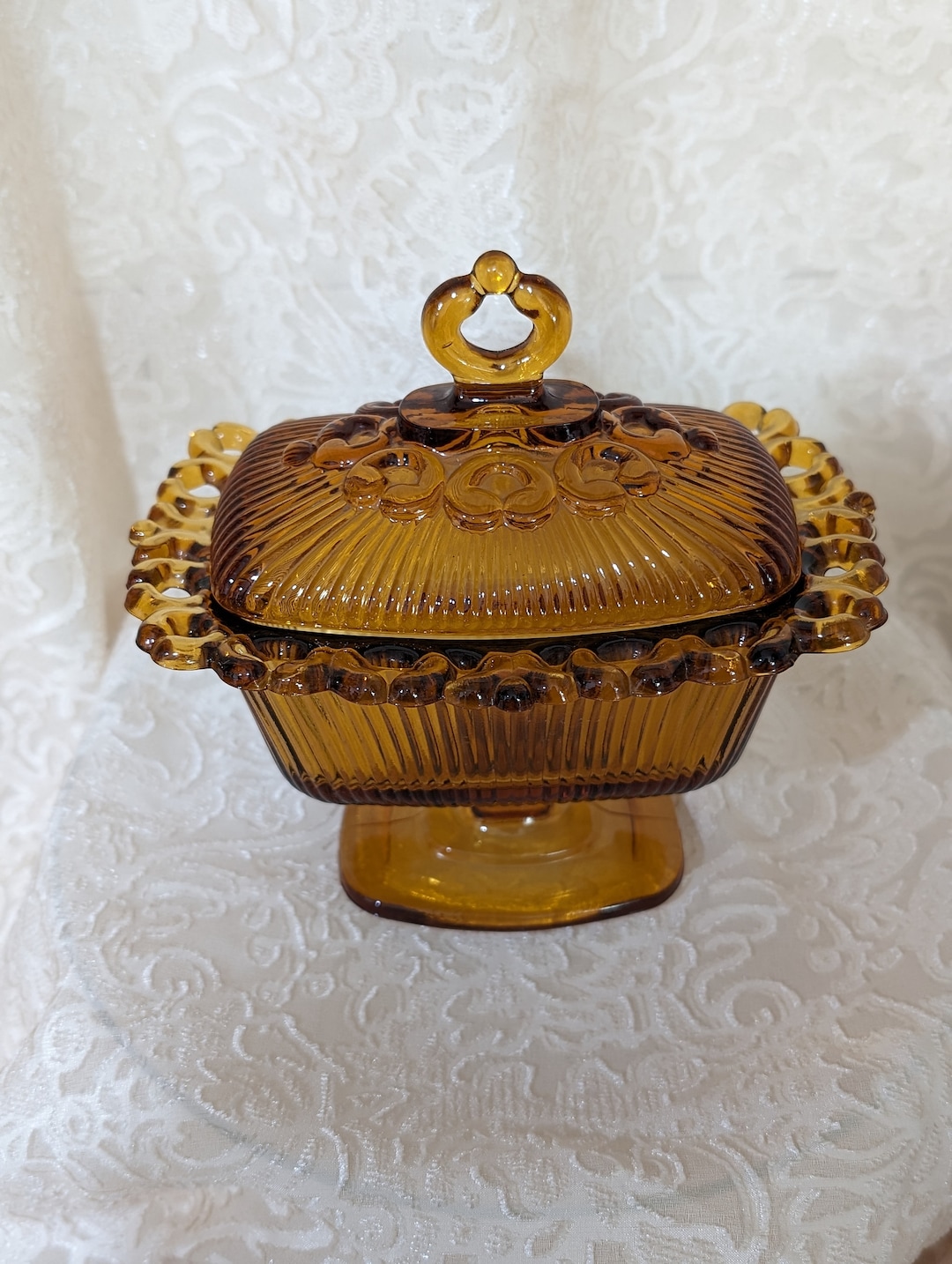 Vintage Indiana Glass Amber Oblong Filigree Edge Covered Candy Dish or ...