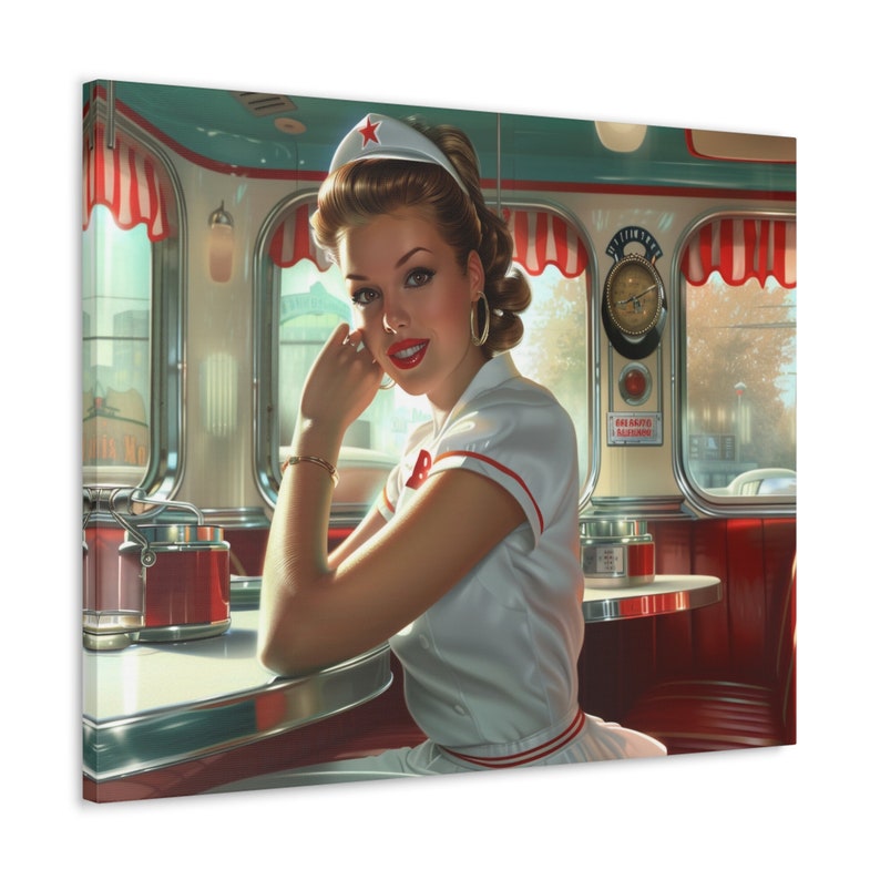 1950 Diner Waitress Canva, Vintage Diner, Retro Art, Classic Americana ...
