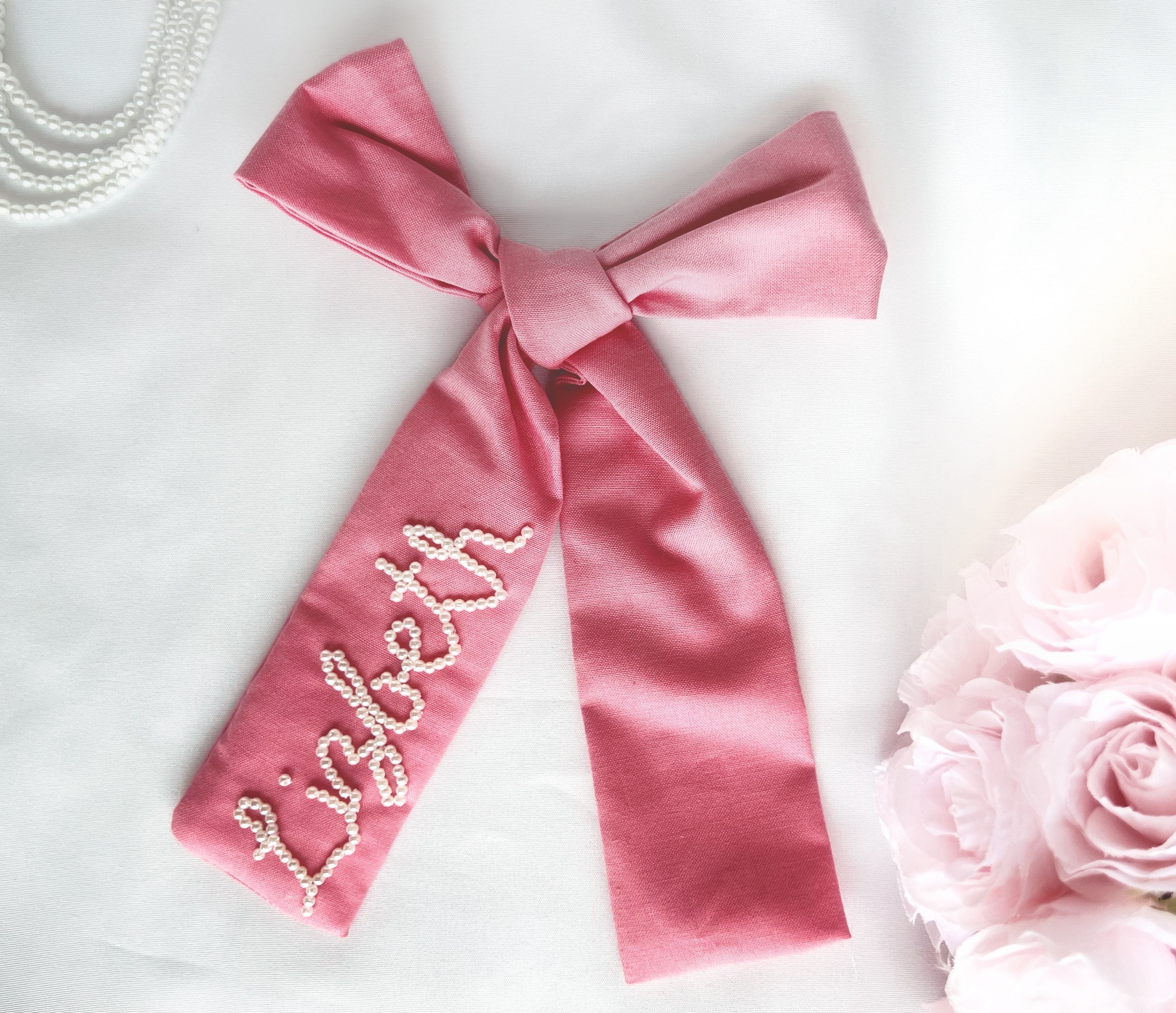 Custom Hand Beaded Name Bow Selenemotaaccessories. Birthday Gift. Pearl ...