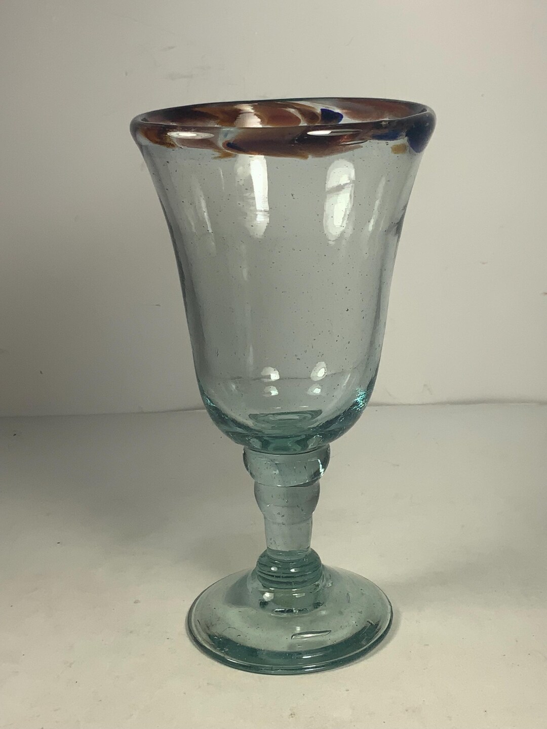 Mexican Hand Blown Glass Goblet With Brown & Navy Rim 7.5 In. - Etsy