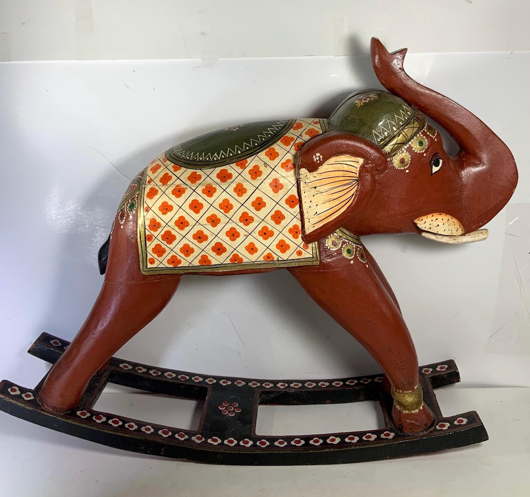 Vintage Hand Carved & Painted Large Wooden Rocking Elephant Statue Made ...