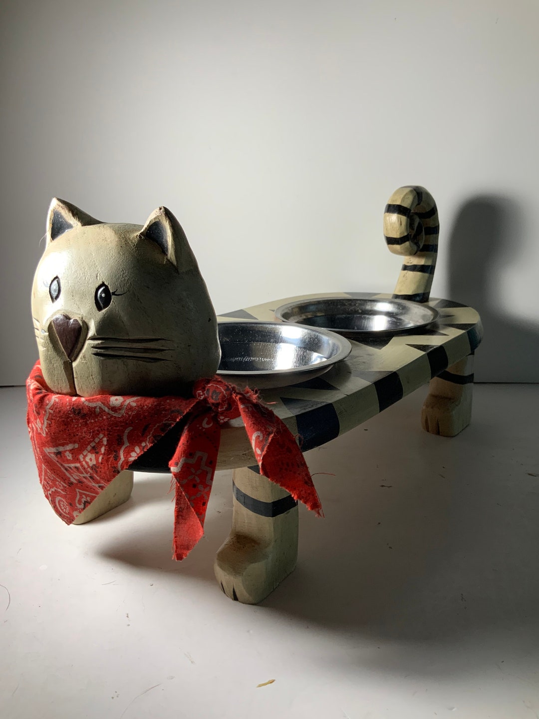 Vintage Wood Cat Shaped Feeding Stand & 2 Metal Bowls 14 In. - Etsy