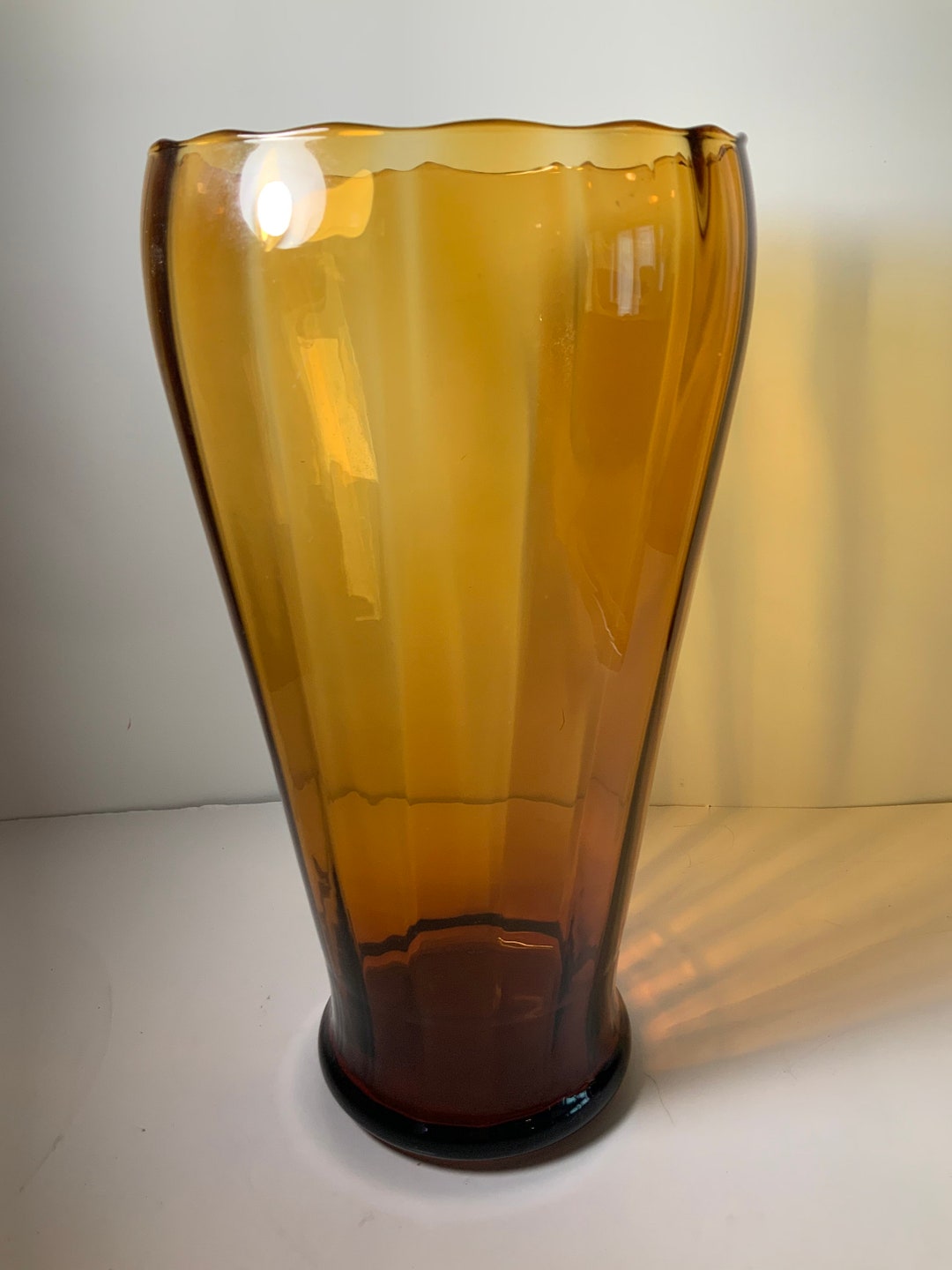 Vintage Amber Glass Handblown Optic Ribbed Empoli Vase Italy 11.75 In ...