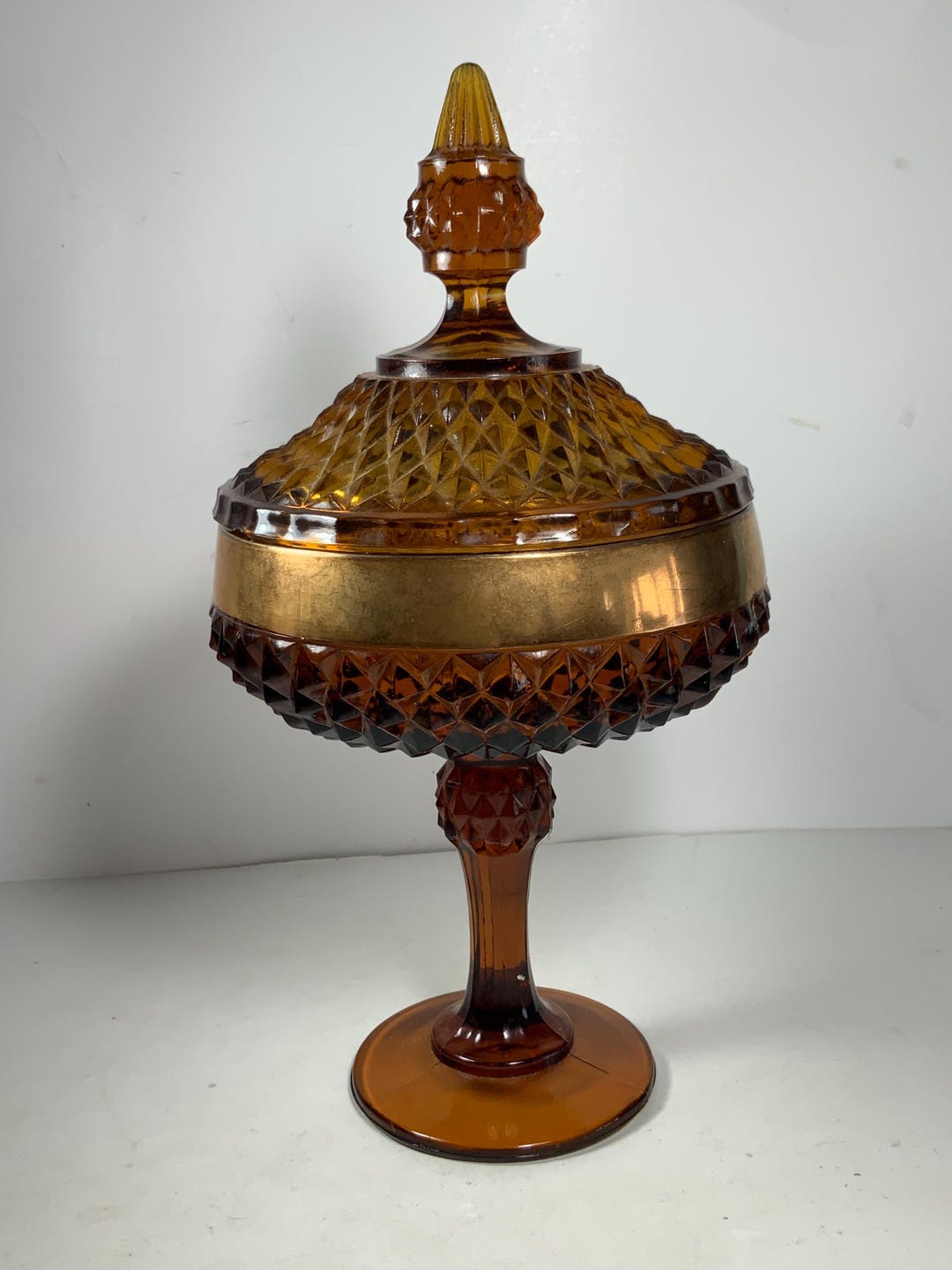 Vintage Indiana Glass Amber Diamond Point Chalice Candy Dish 12 In. - Etsy