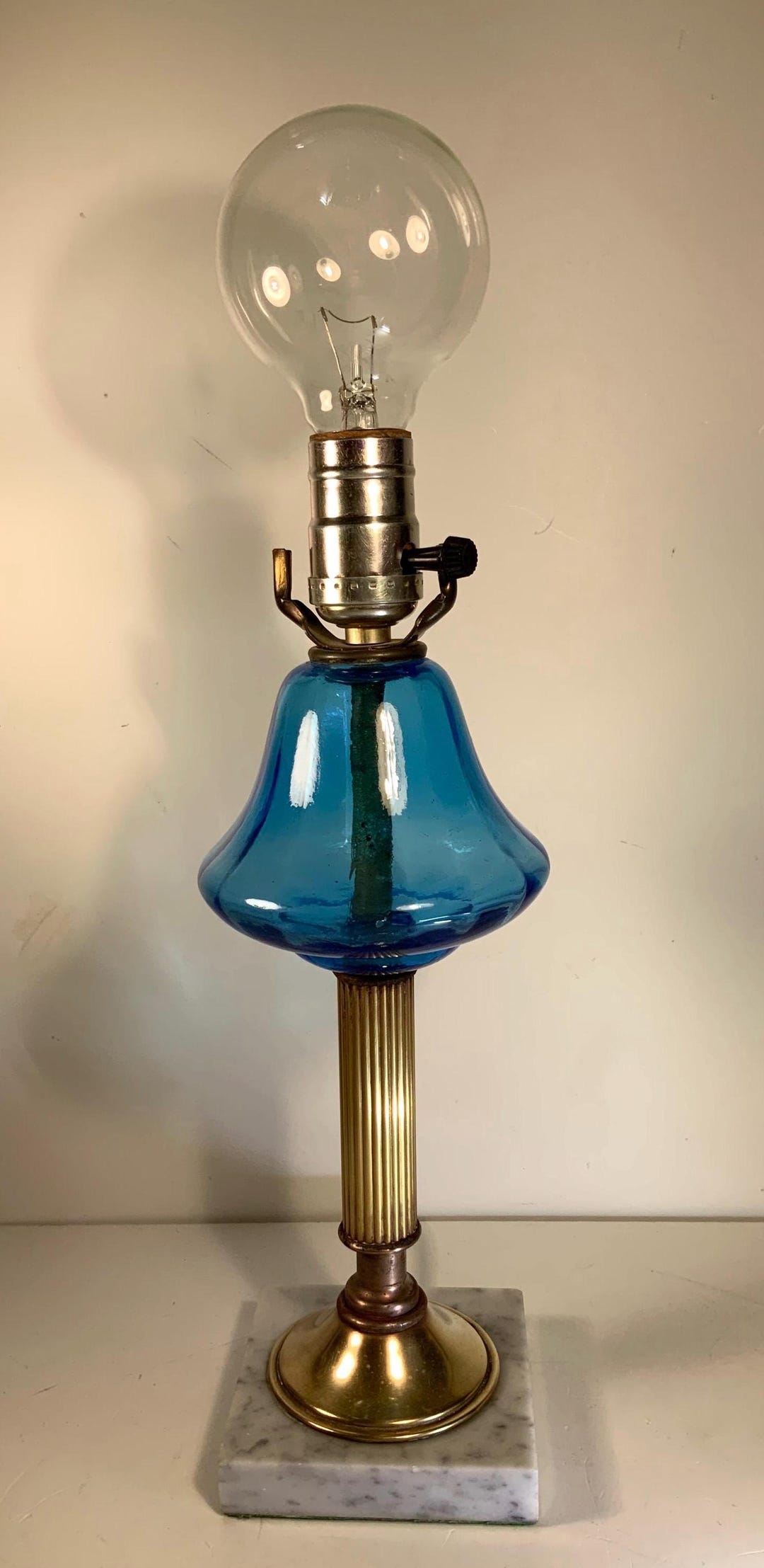 Vintage Bright Blue Glass, Brass, & Marble Base Lamp 13.5 In. - Etsy