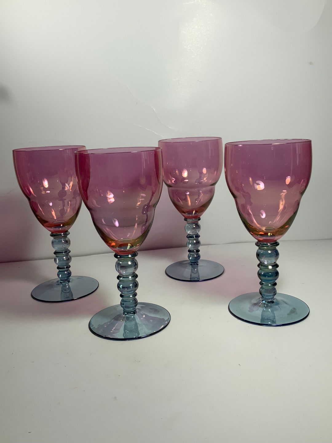 Set of 4 Vintage Cranberry & Blue Art Glass Goblets 7 In. - Etsy