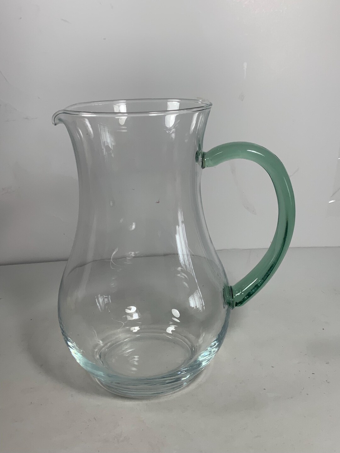 Vintage Hand Blown Glass Pitcher With Applied Green Glass Handle 8 In ...