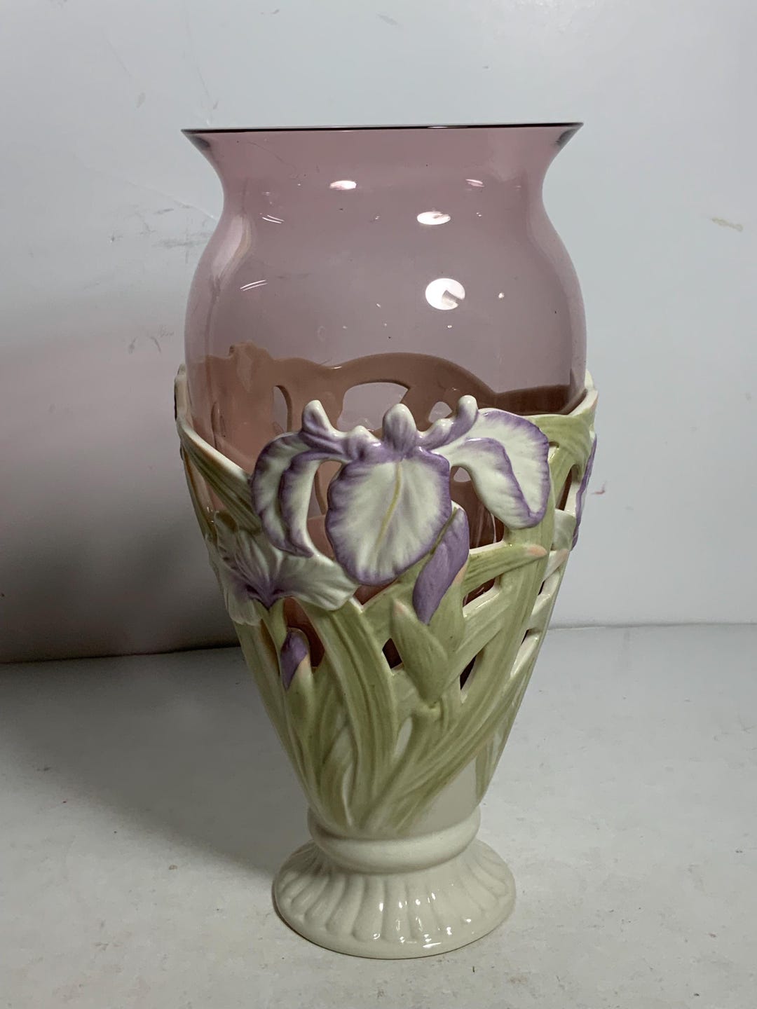 Vintage Lenox Pierced Iris Purple Porcelain & Glass Insert Vase 9 In ...