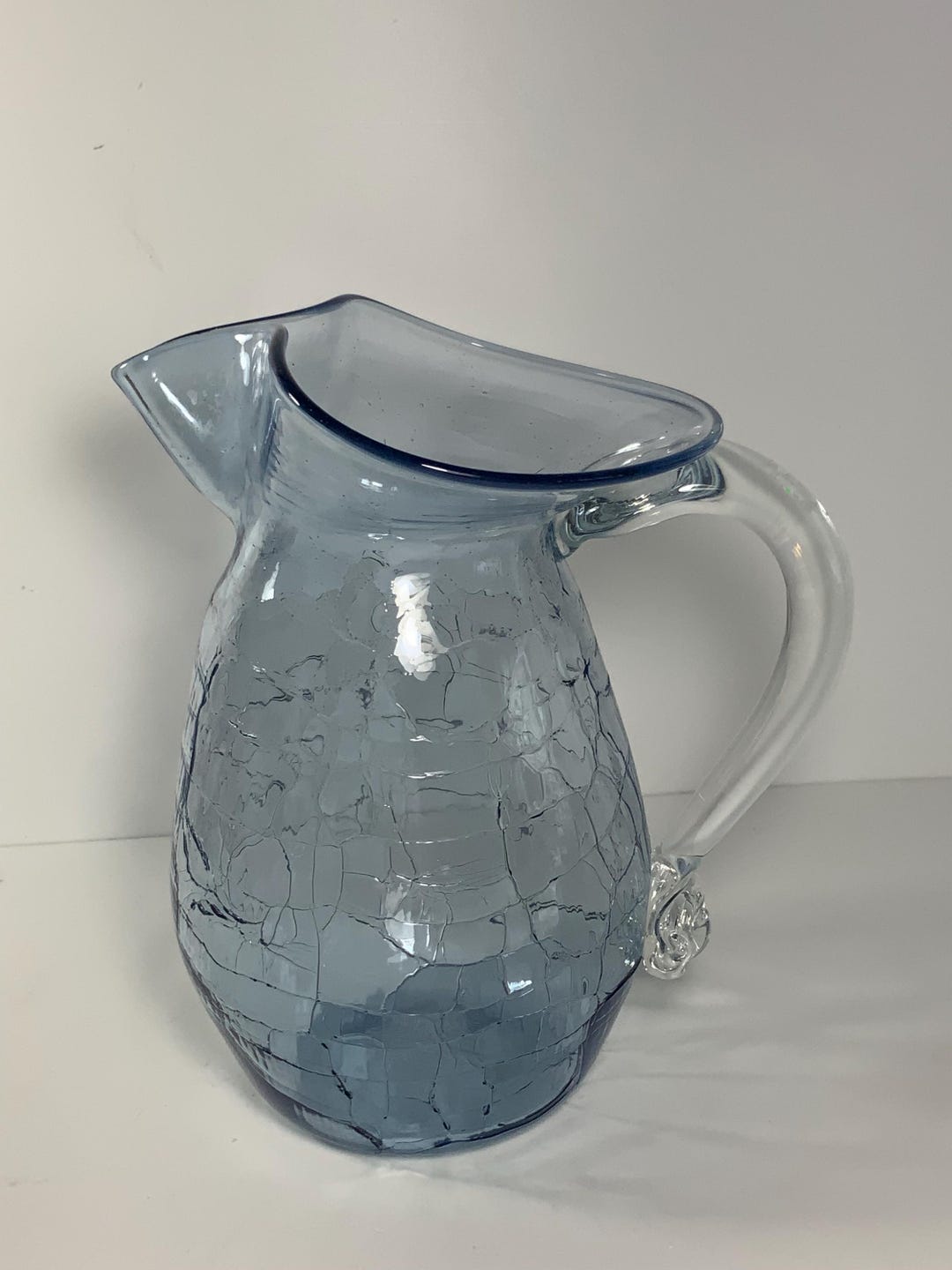 Vintage Wheaton Village Blue Crackle Glass Hand Blown Pitcher/vase 8 In ...