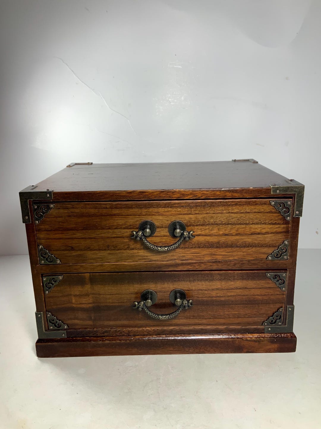 Vintage Wood 2 Drawer Storage Box With Dragon Head Drawer Pulls 10 In ...