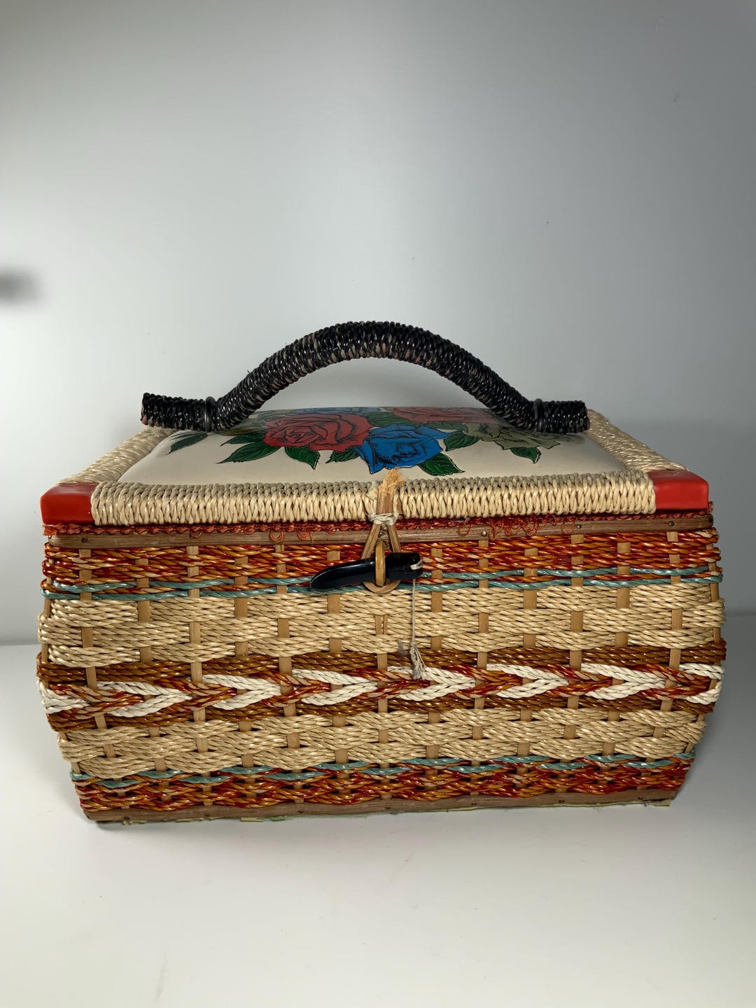 RARE Vintage Menard Japan Stamped Rose Pattern Sewing Basket (as Is) 13 ...