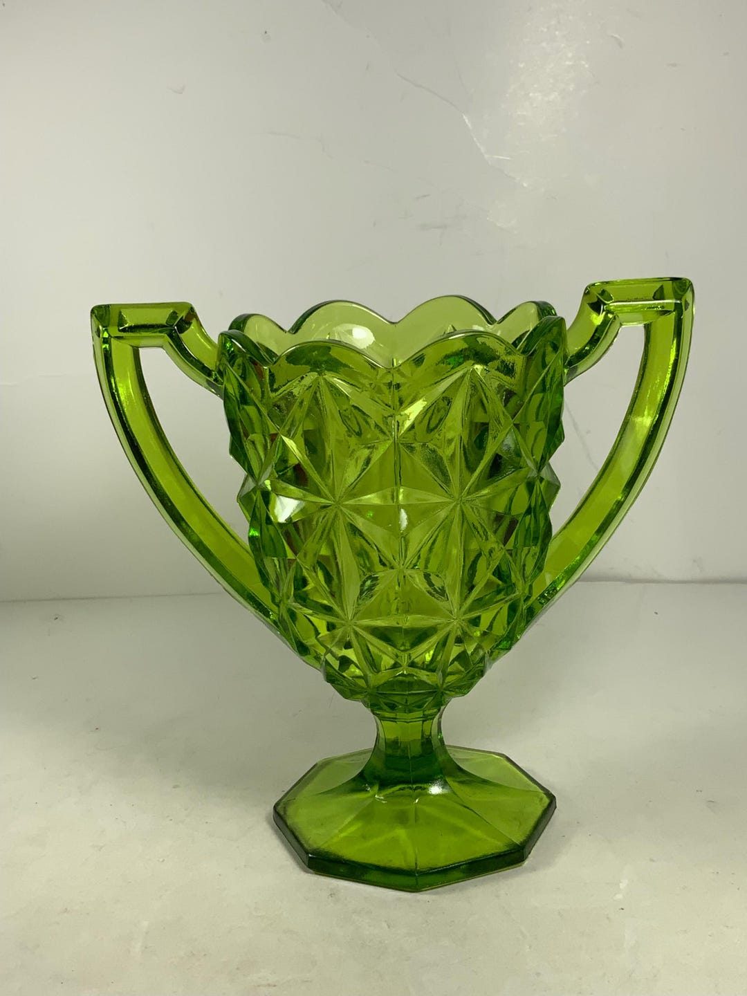 RARE Vintage Indiana Glass “loving Cup” Monticello Green Glass Trophy ...