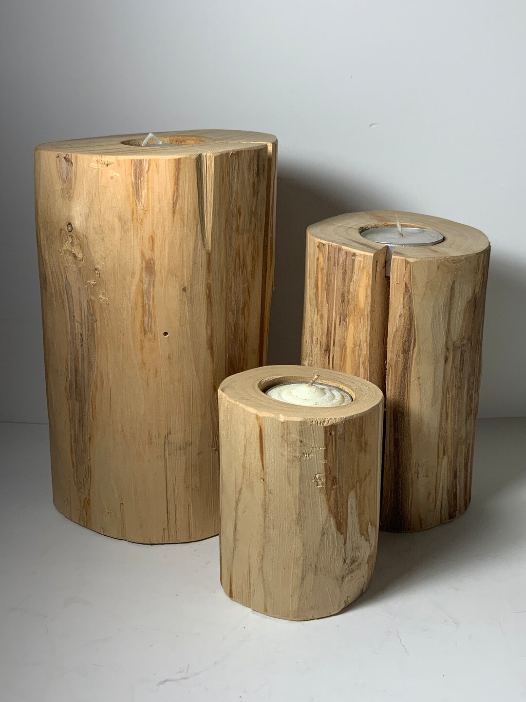 Set of 3 Rustic Pine Log Tea Light Holders Handcrafted - Etsy